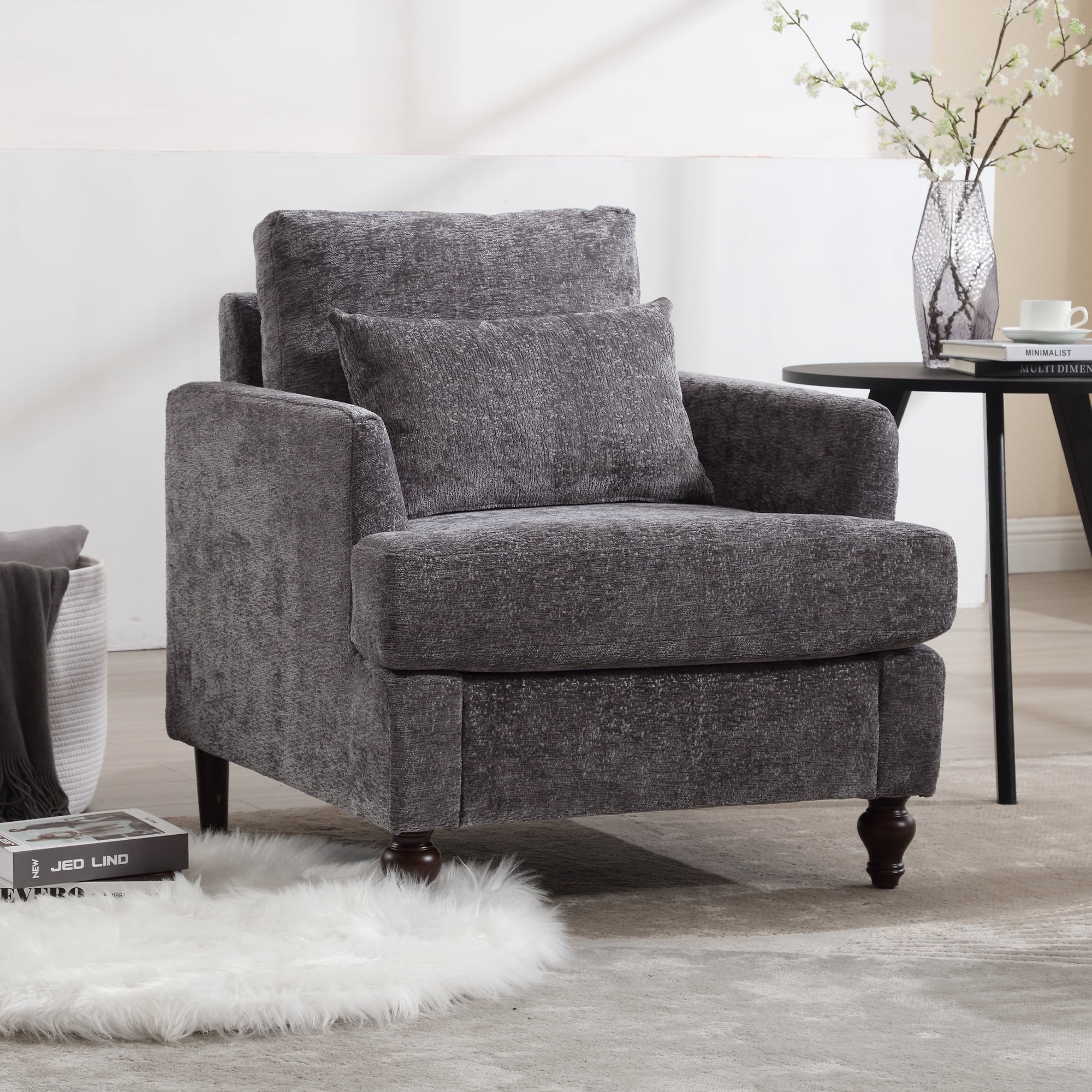 MOONMISS Modern Accent Chair, Wood Frame Upholstered Chenille Arm Chair ...