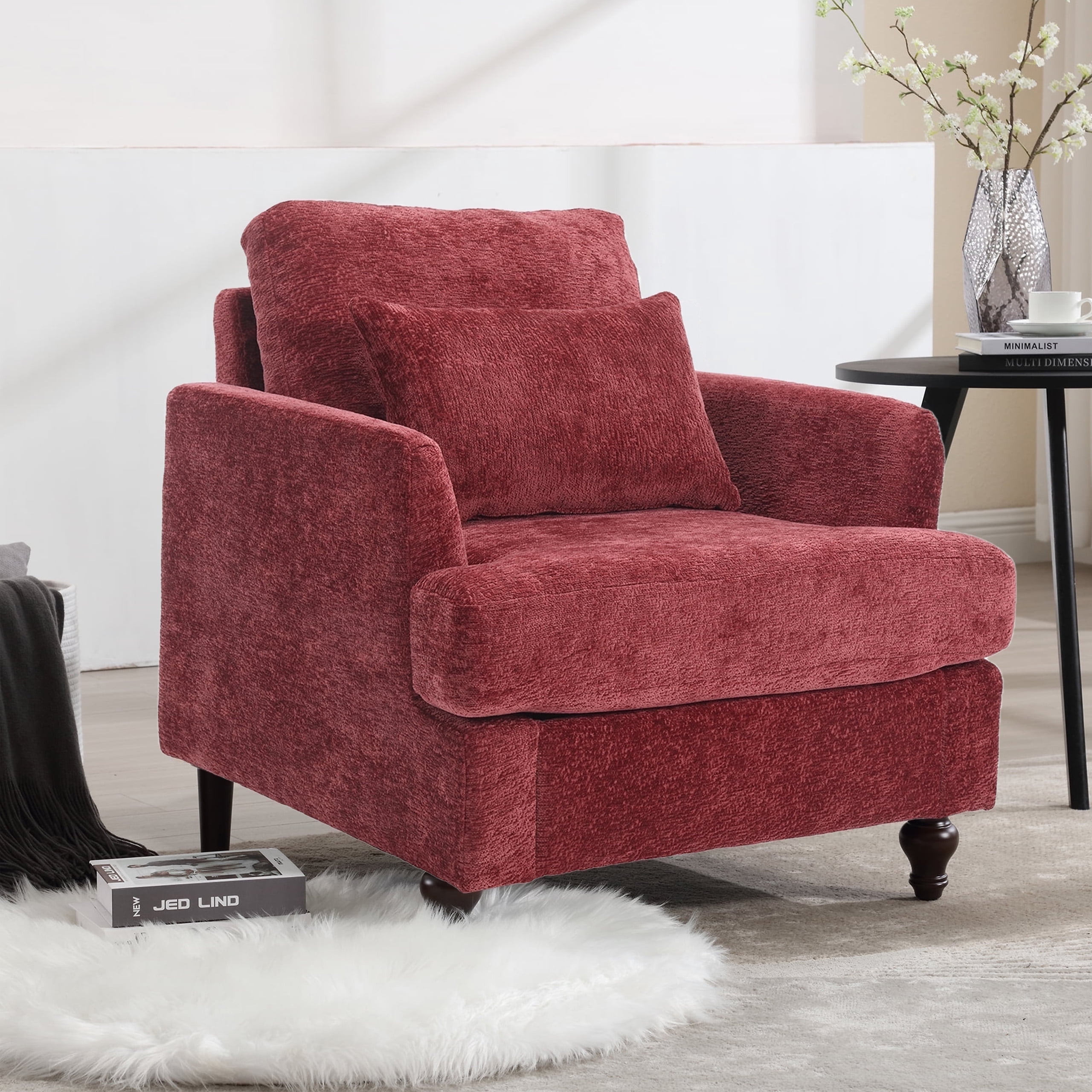 MOONMISS Modern Accent Chair, Wood Frame Upholstered Chenille Arm Chair ...