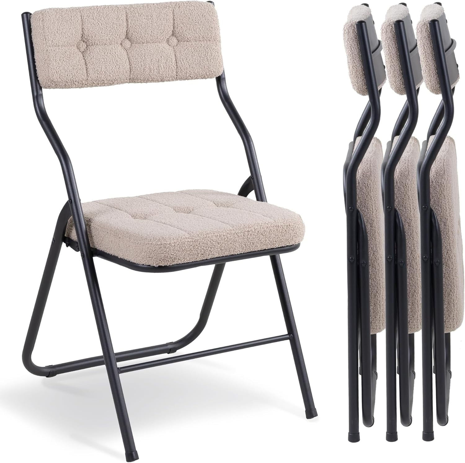MOONMISS Teddy Fabric Upholstered Open Back Steel Frame Tufted Folding ...