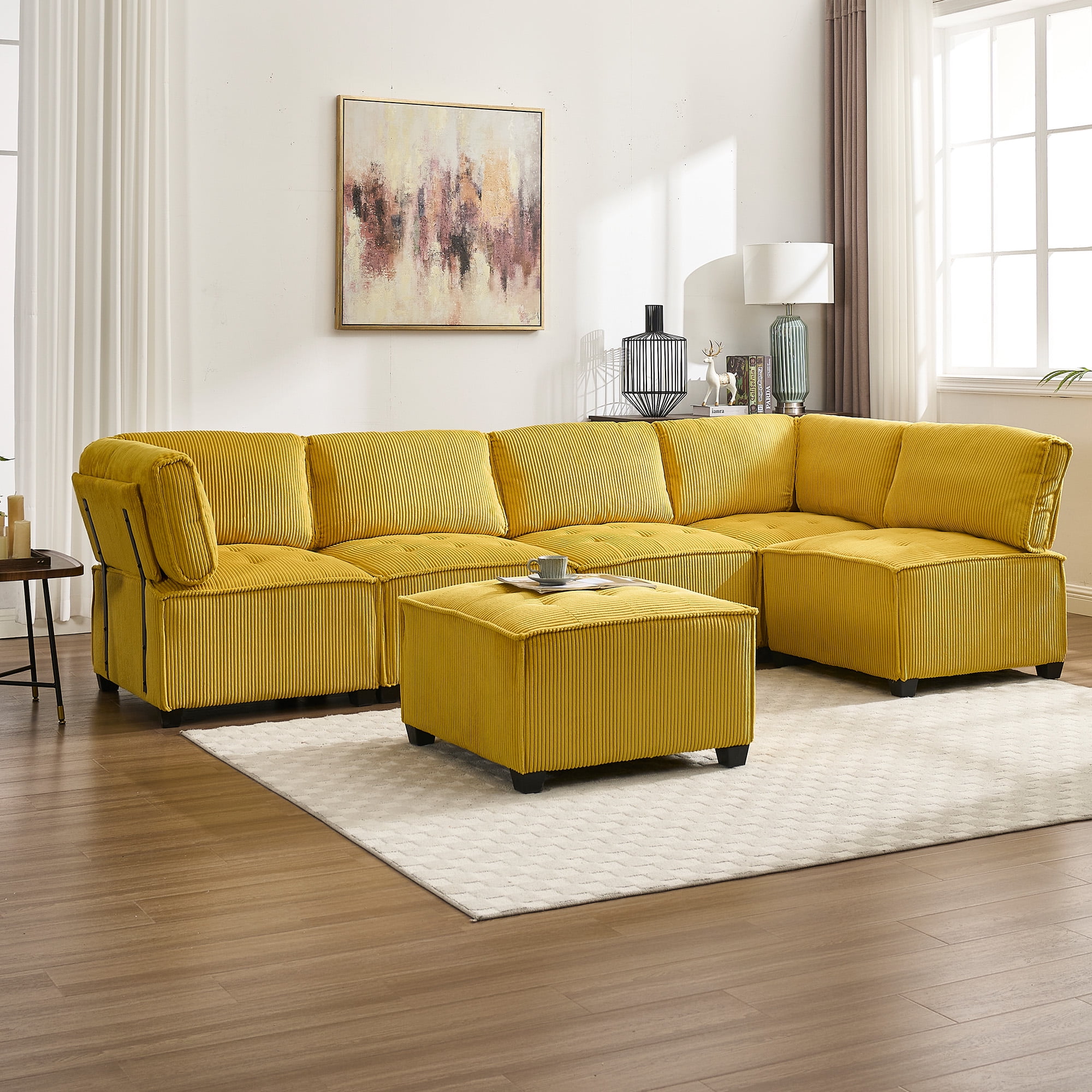 MOONMISS U-Shaped Corduroy Upholstered 6-Seat Convertible Modular ...
