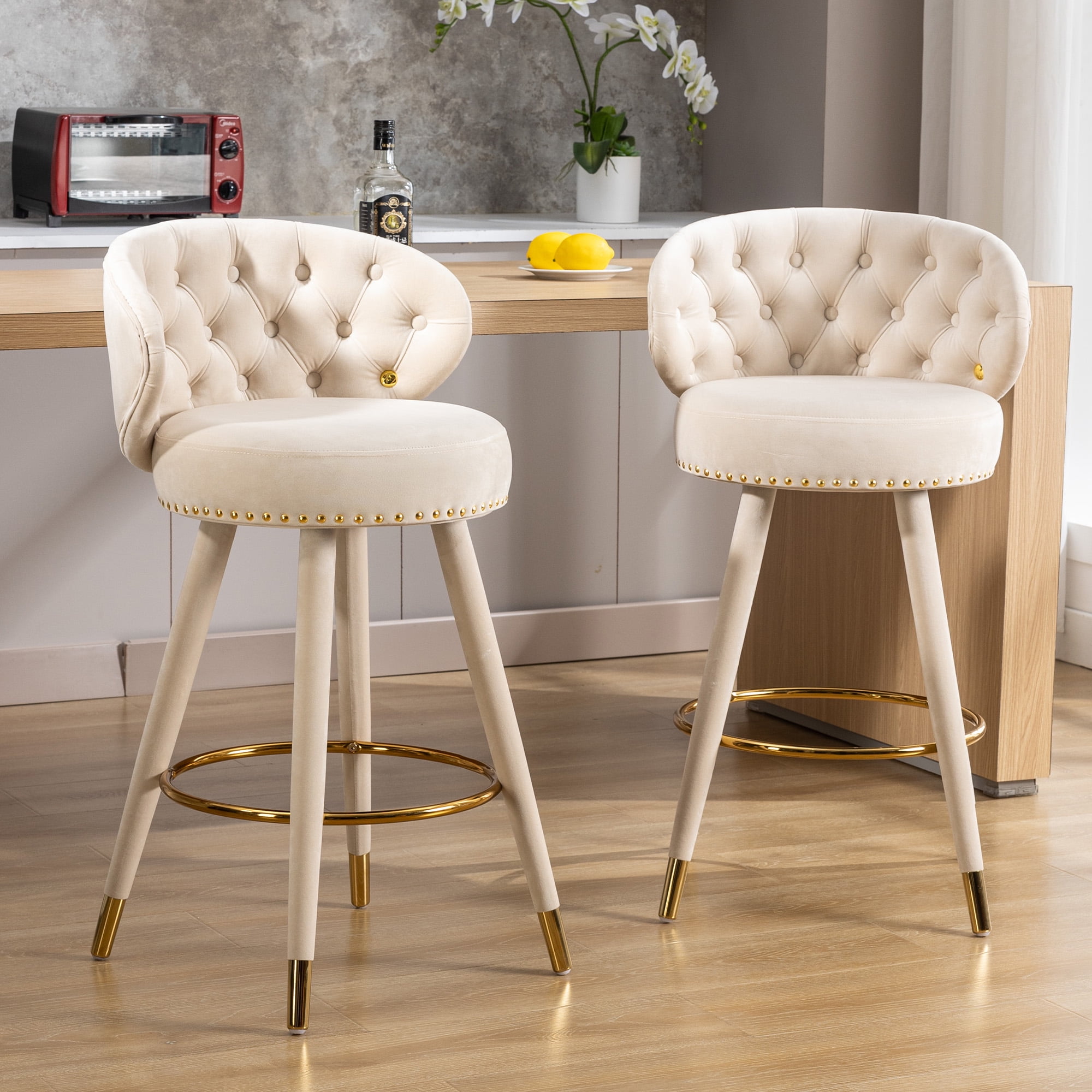 MOONMISS Velvet Upholstered 360 Degree Swivel Tufted Nailhead Bar ...