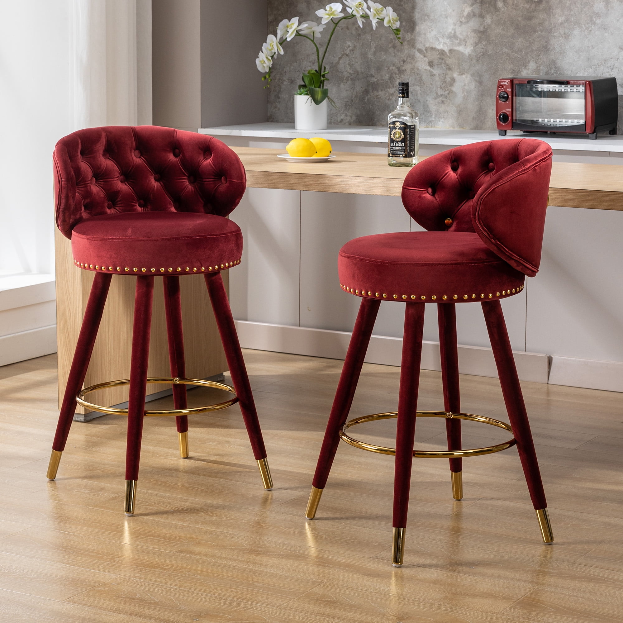 MOONMISS Velvet Upholstered 360 Degree Swivel Tufted Nailhead Bar ...