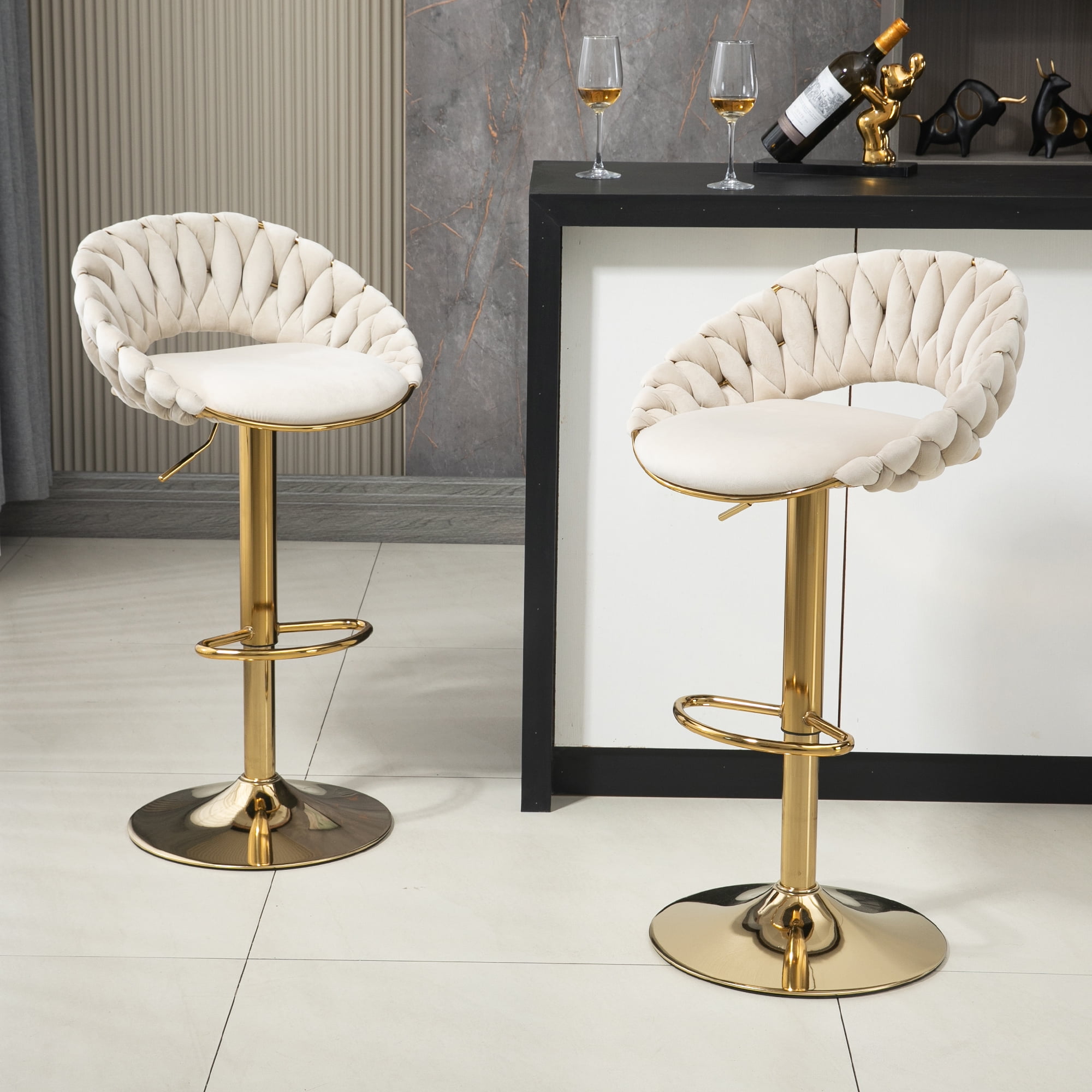 MOONMISS Velvet Upholstered Swivel Adjustable Height Bar Stools With ...
