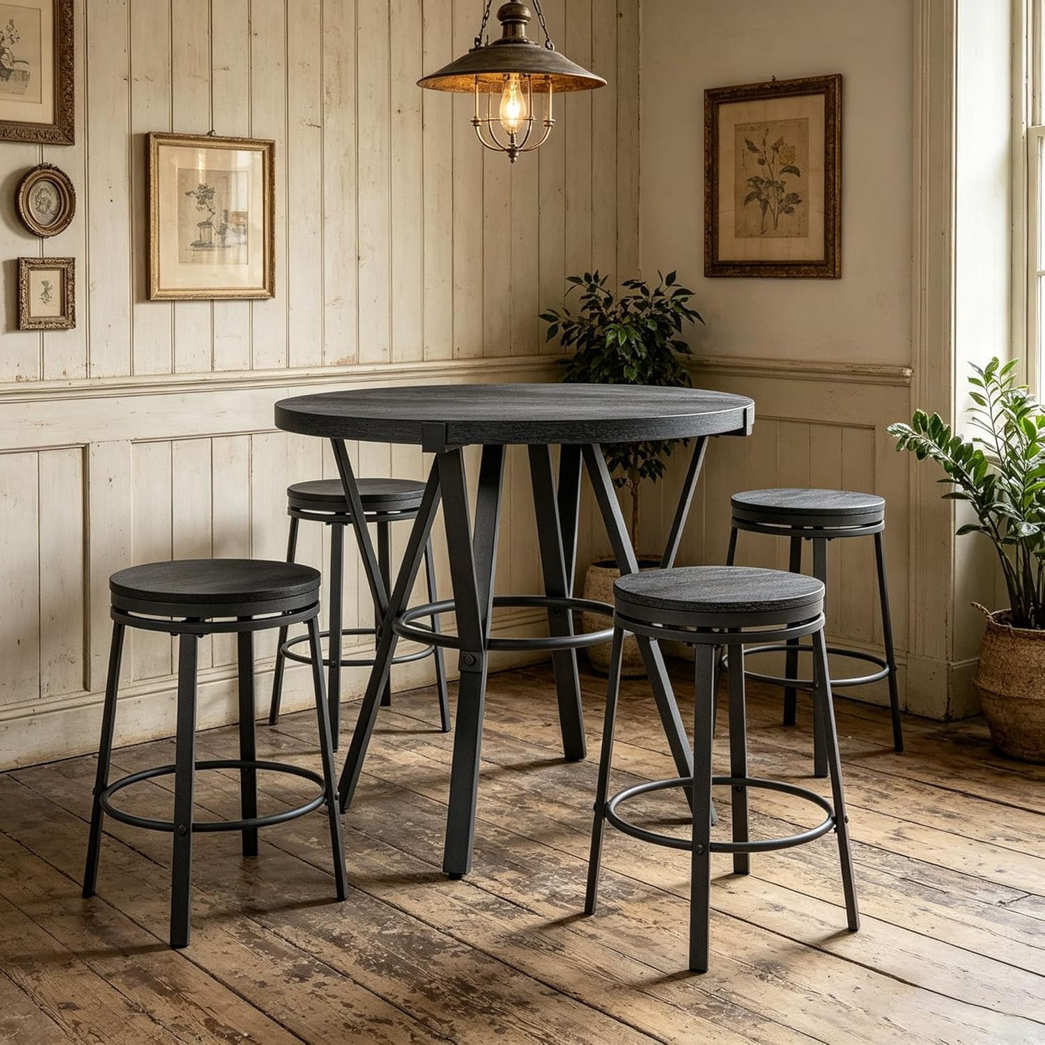 MOONMISS Wooden Round Dining Table with 4 Swivel Wooden Stools, 5 Piece ...