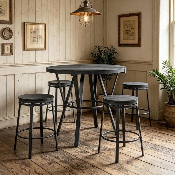 MOONMISS Wooden Round Dining Table with 4 Swivel Wooden Stools, 5 Piece ...