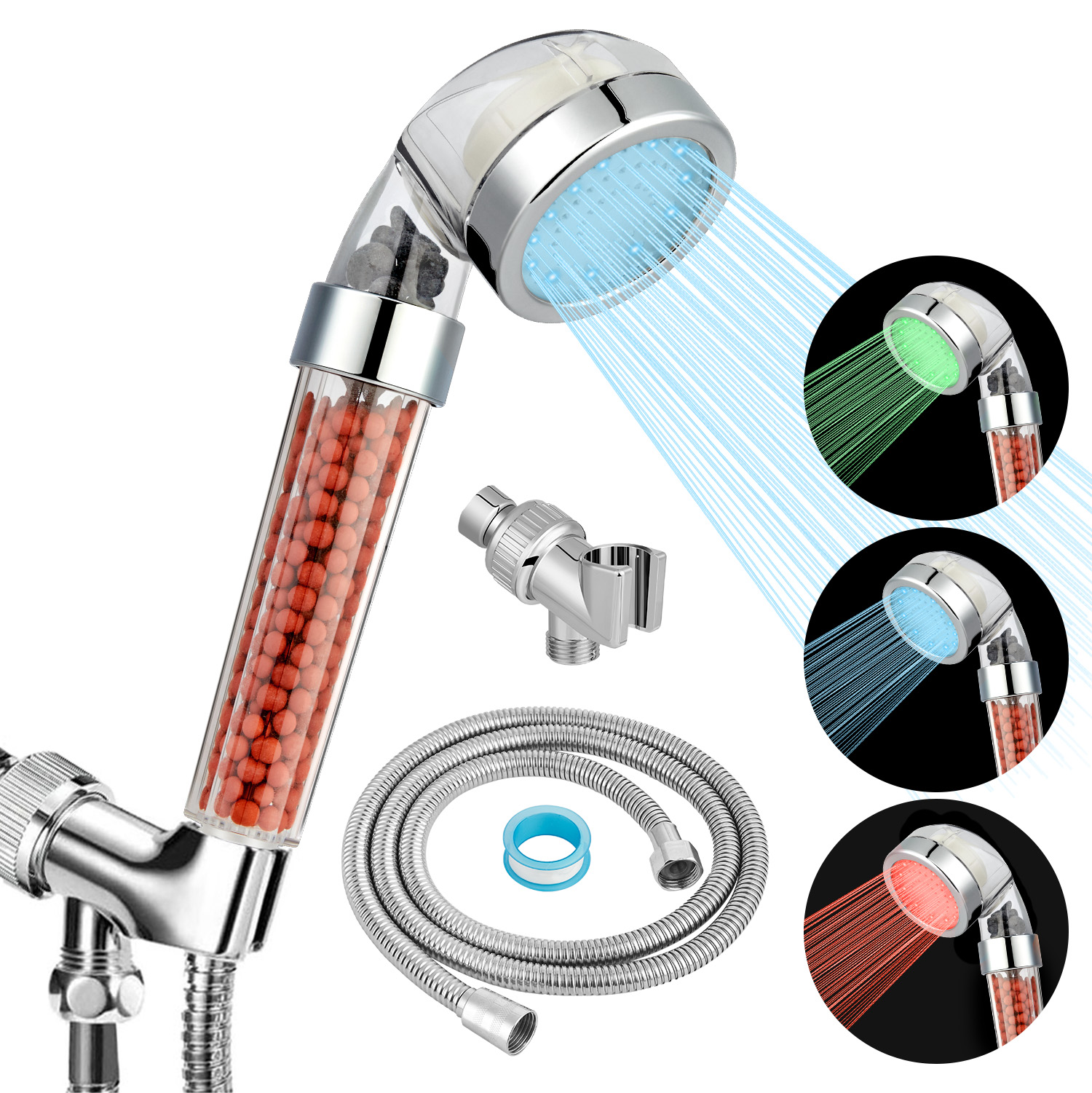 PowerSpa All-Chrome LED Handheld Shower with Air Jet LED Turbo Pressure ...