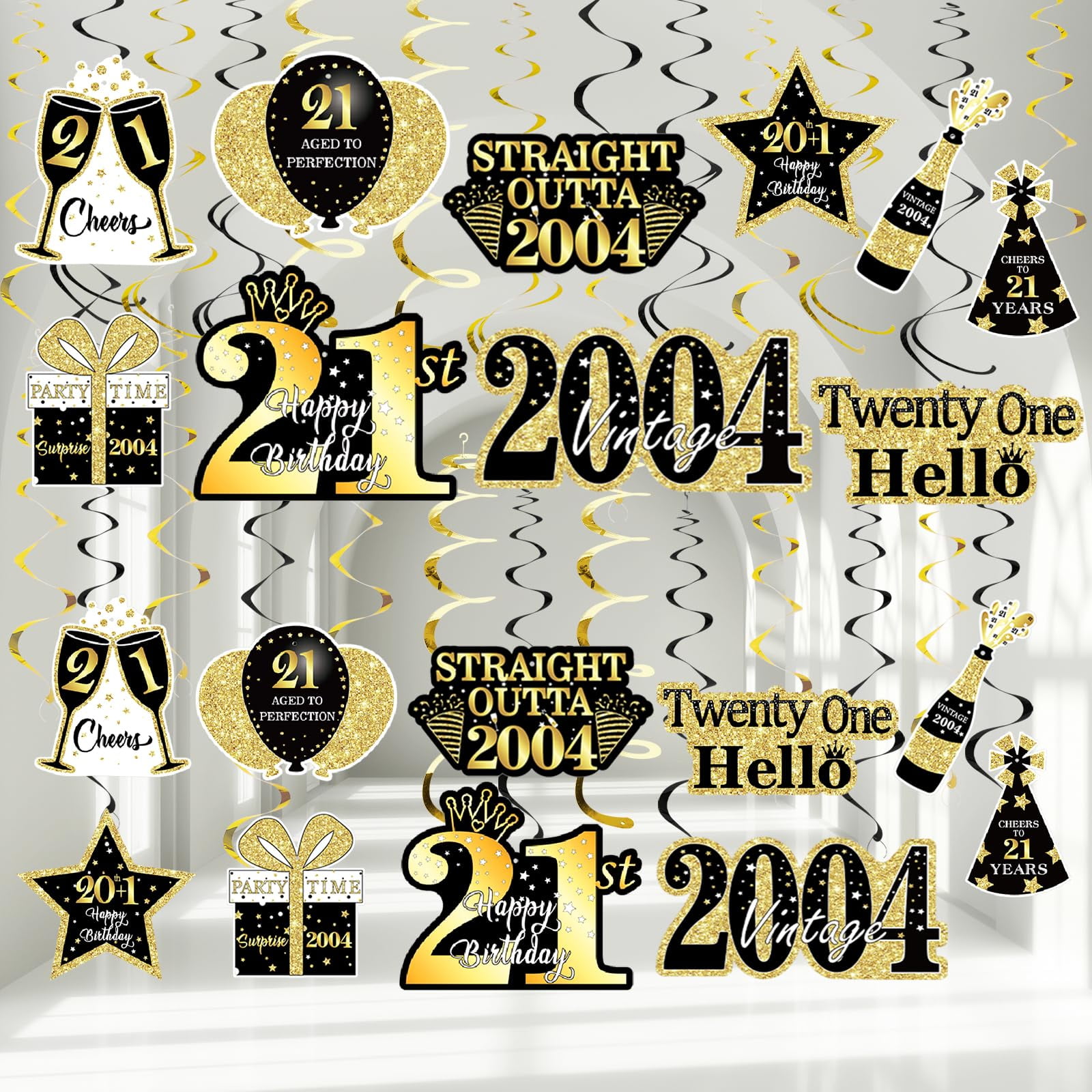 MOORAY 36PCS Black CORNET Gold 21st Birthday Decorations Hanging Men ...