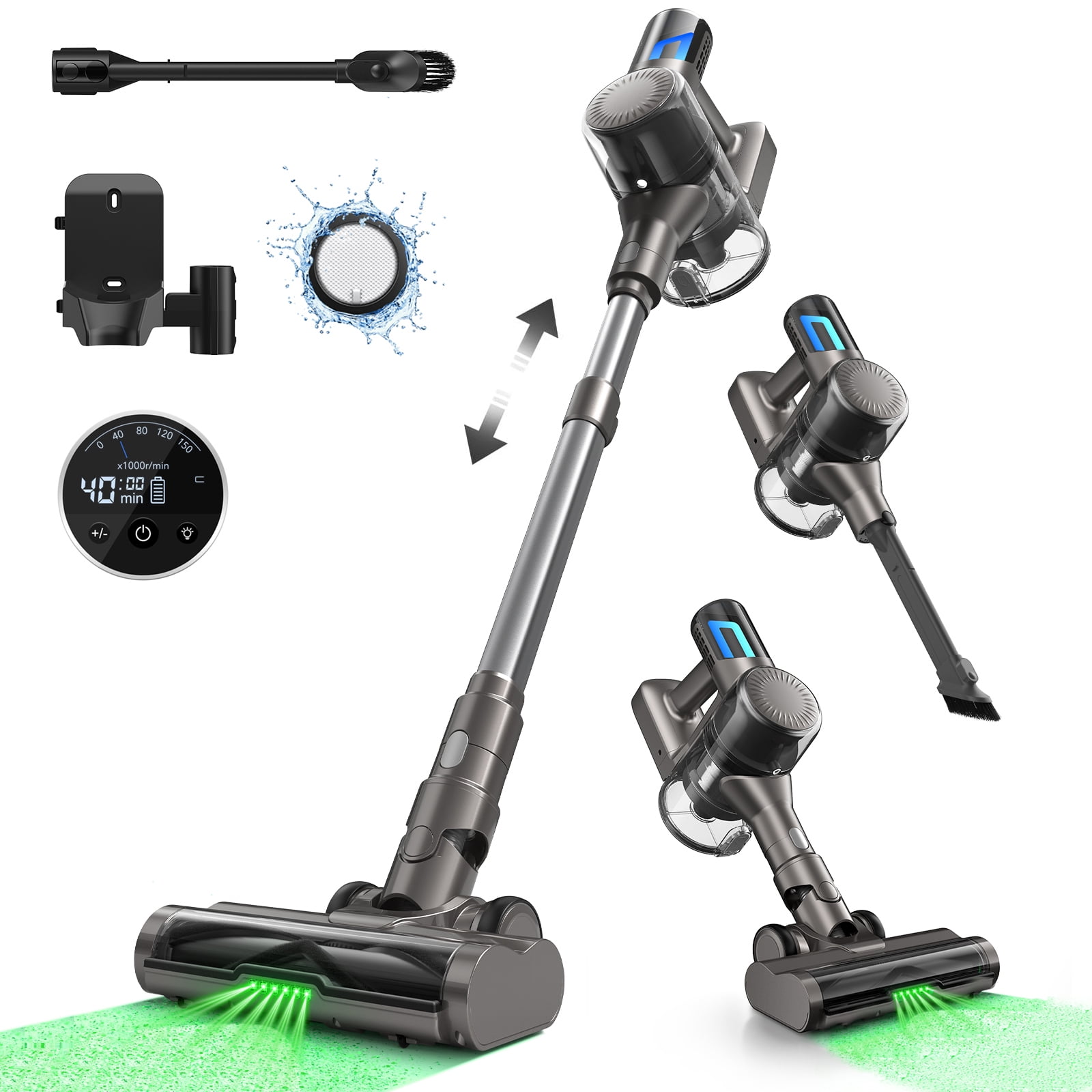 MOOSOO Cordless Vacuum Cleaner, with 7x2200mAh Detachable Battery,420W ...