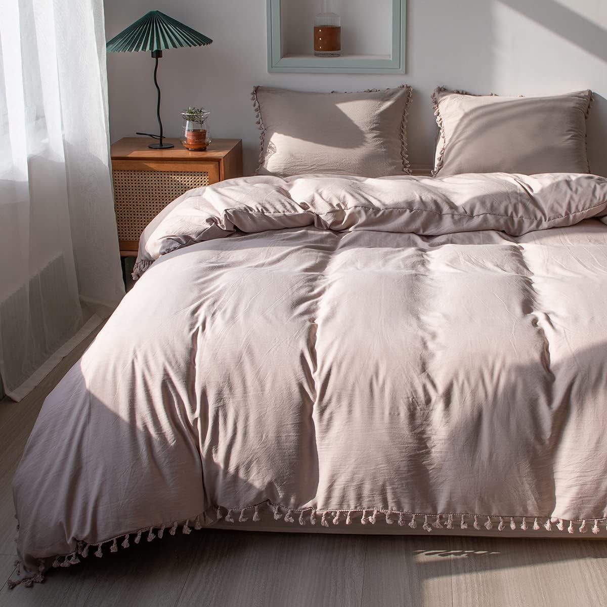 MOOWOO Boho Chic Bedding Twin Size,2 PC Khaki Tufted Tassel Duvet Cover ...