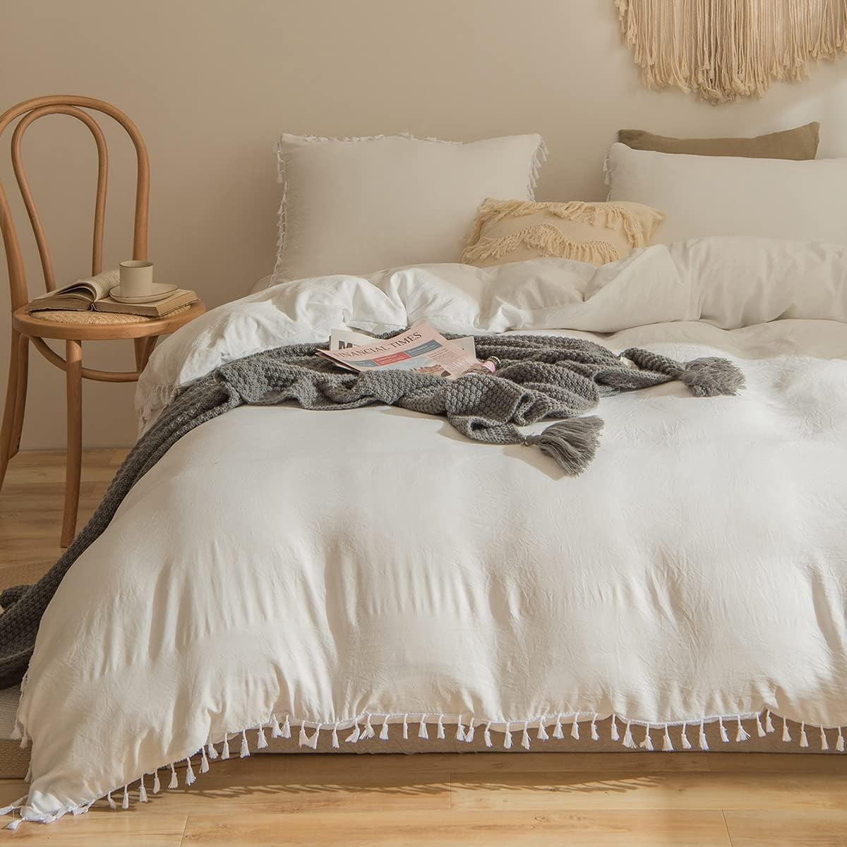 MOOWOO Boho Chic Bedding Twin Size,2 PC White Tufted Tassel Duvet Cover ...