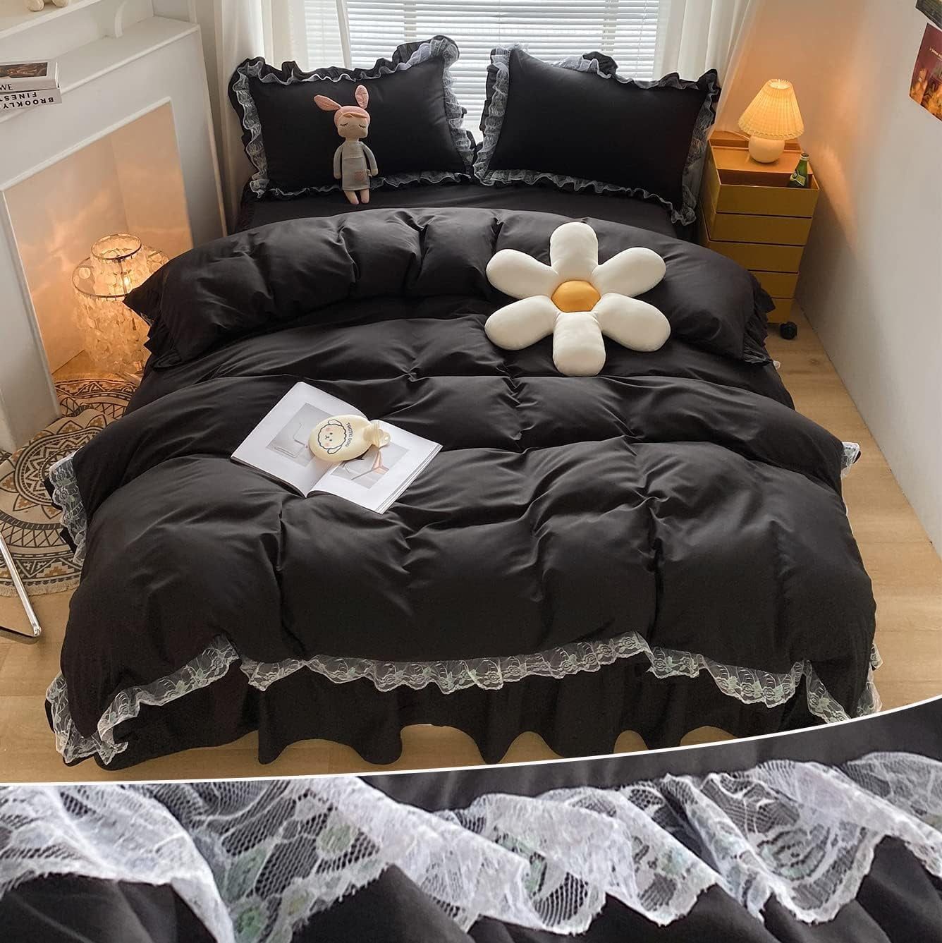MOOWOO Chic Ruffle Lace Polyester Duvet Cover Set -Girl Black Bedding-3 ...