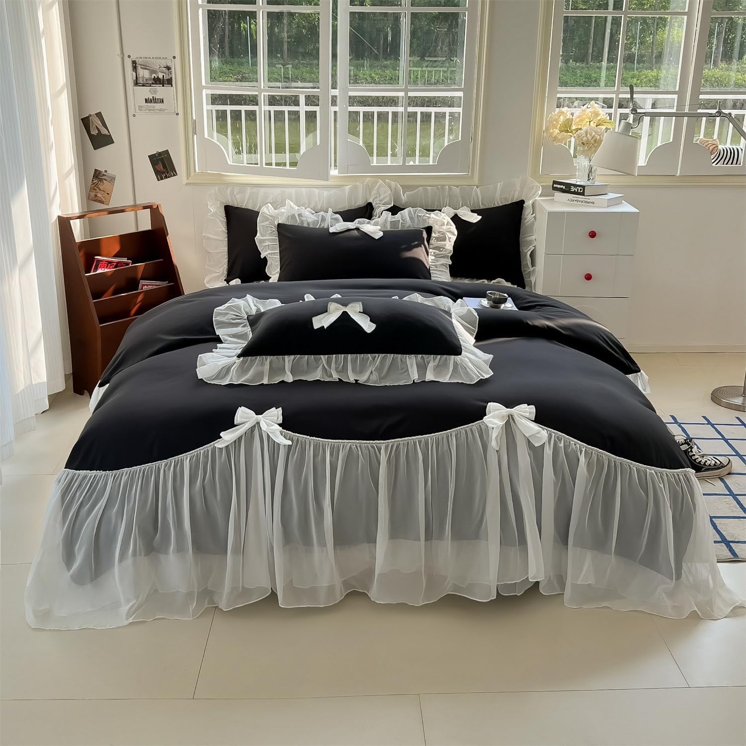 MOOWOO Ruffled Bedding Bow Duvet Cover Set with Butterfly Tie, Soft ...
