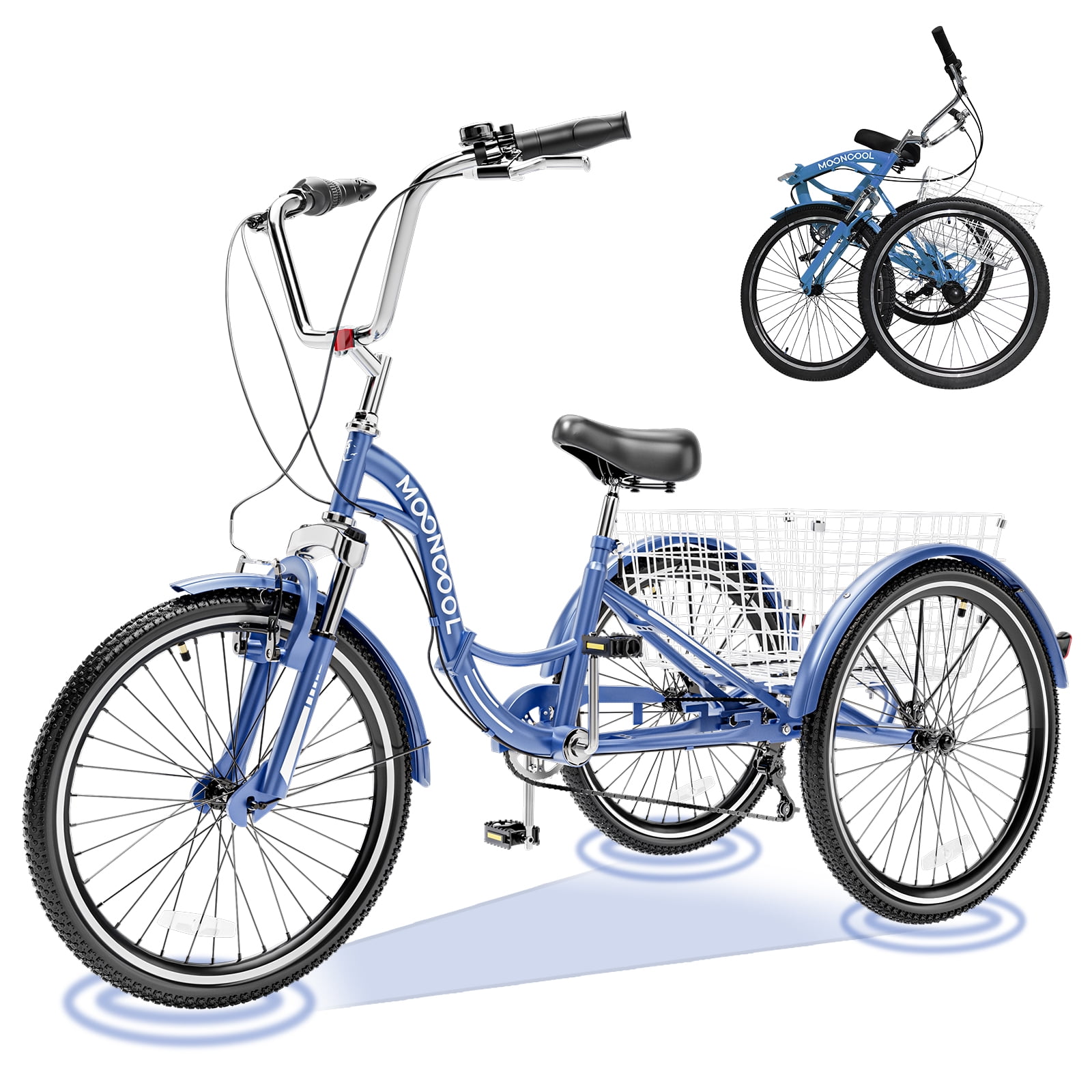 Folding Adults Tricycles, 24/26in Foldable Trike, 7 Speed 2-Wall Wheel ...