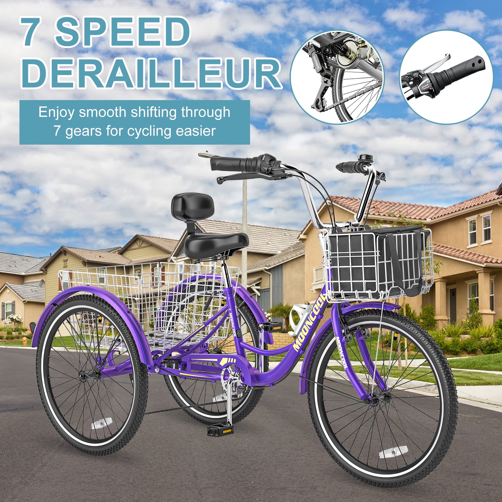 MOPHOTO 24" Upgraded Adult Tricycle with Low-Step Through Frame, 7 ...