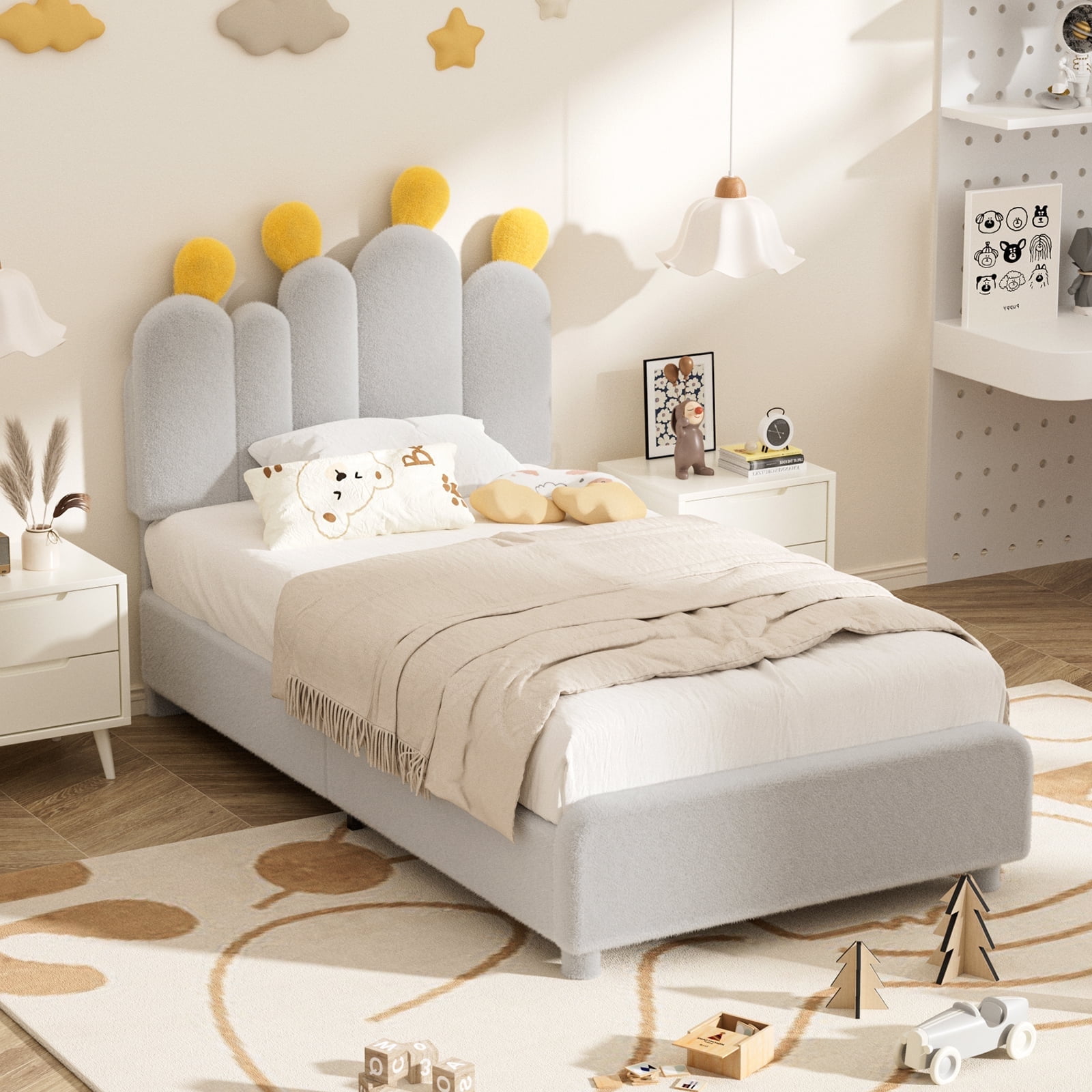 MOPHOTO Boucle bed frame Child Bed for Kids,Wood Upholstered Bed Frame ...