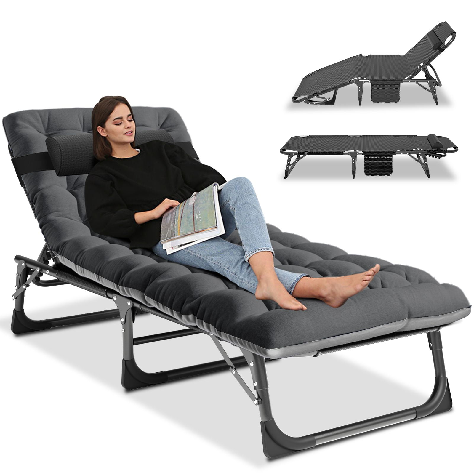 MOPHOTO 4-Position Reclining Camping Cot, Tri-Fold Lounger with Pillow ...