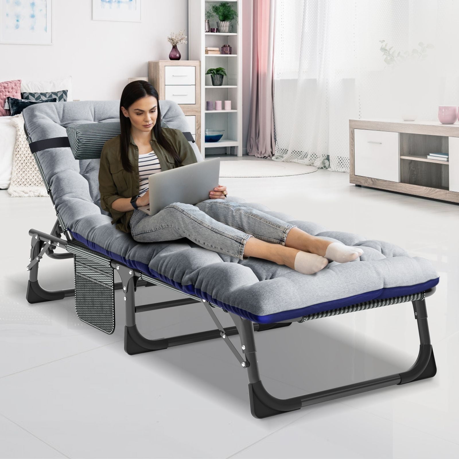MOPHOTO Portable Camping Lounger, Adjustable Folding Bed with Mattress ...