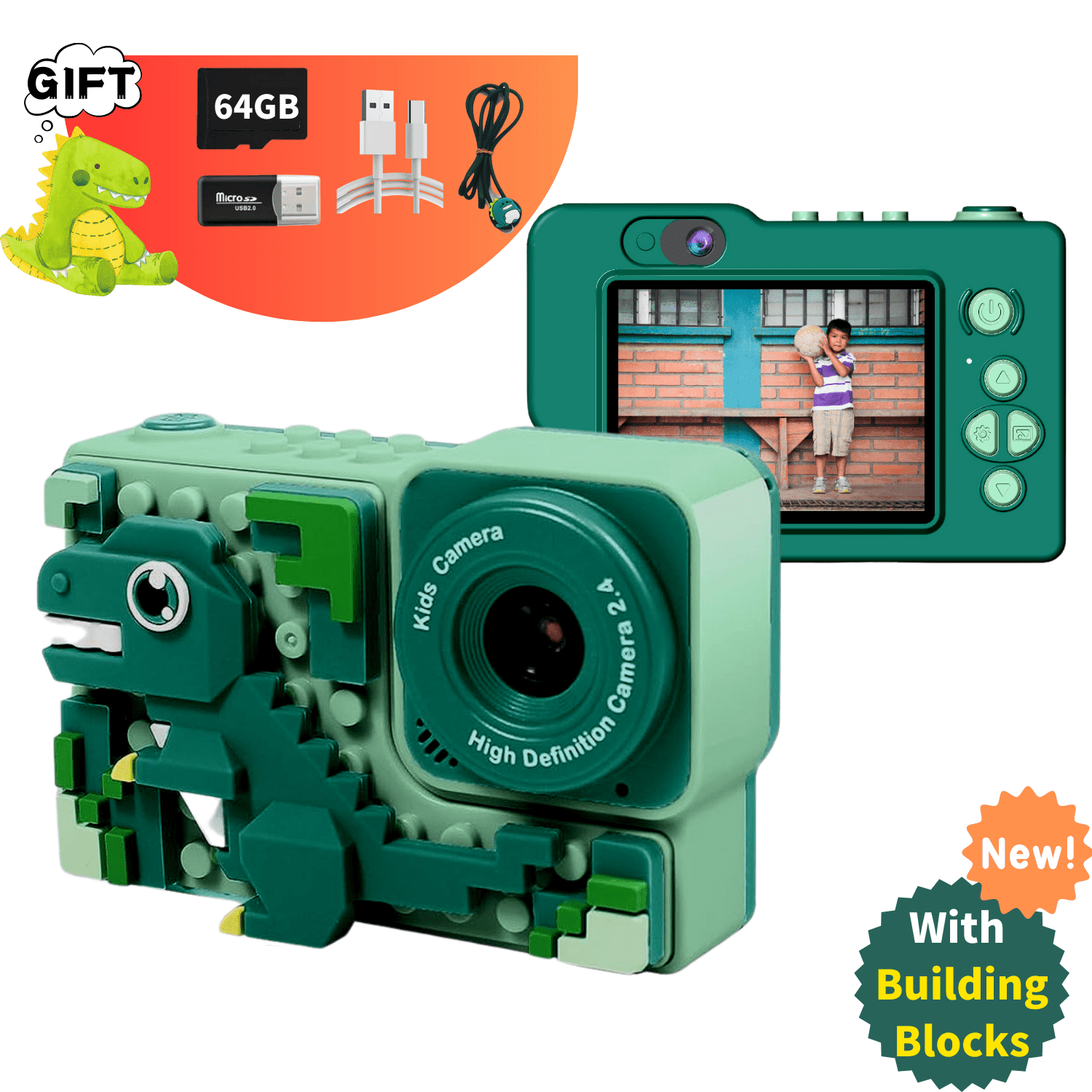 MOPO Dinosaur Kids Camera with Building Blocks, Upgraded Video Recorder ...
