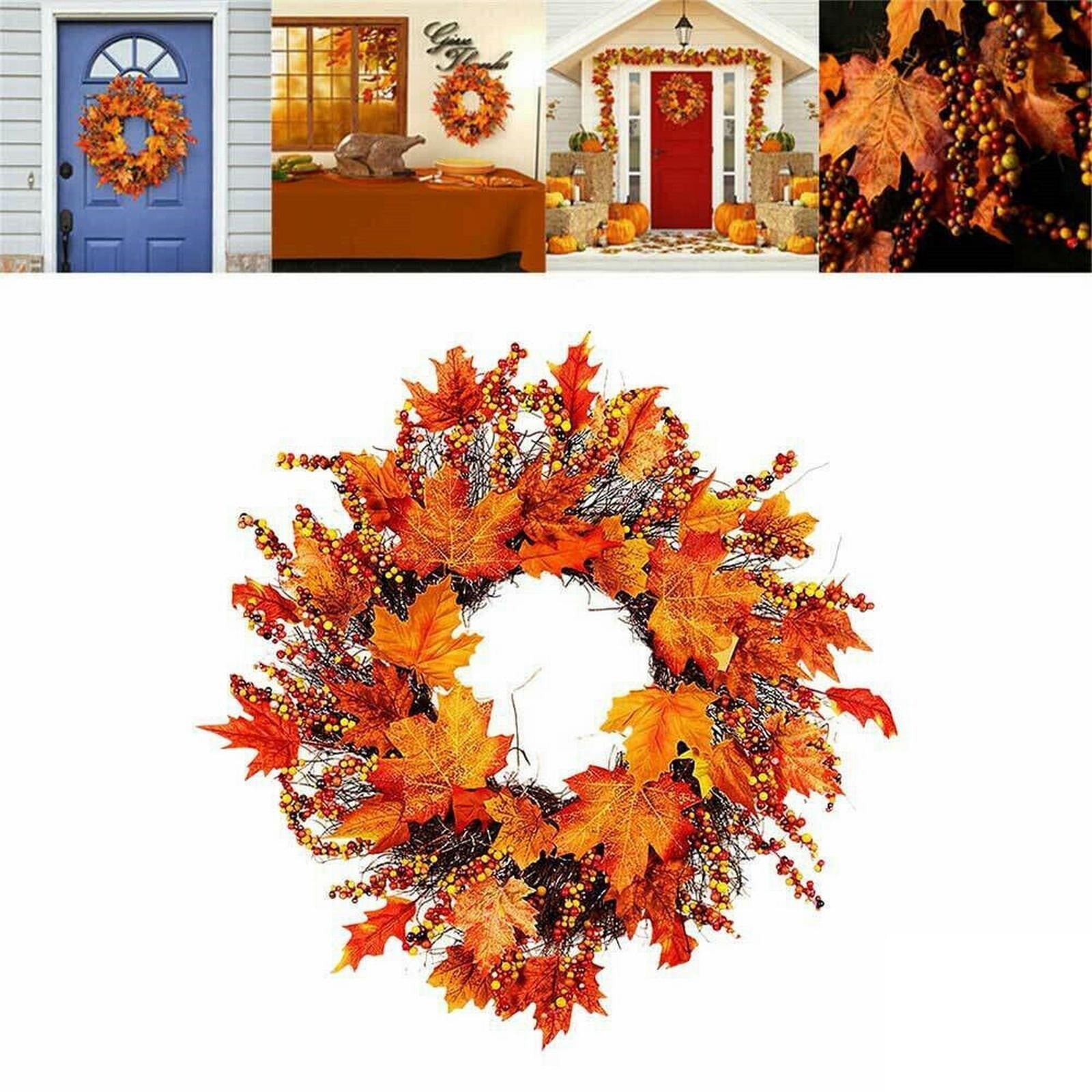 MOQIN 17 inch Fall Wreath, Artificial Maple Leaves Wreath With Wheat ...