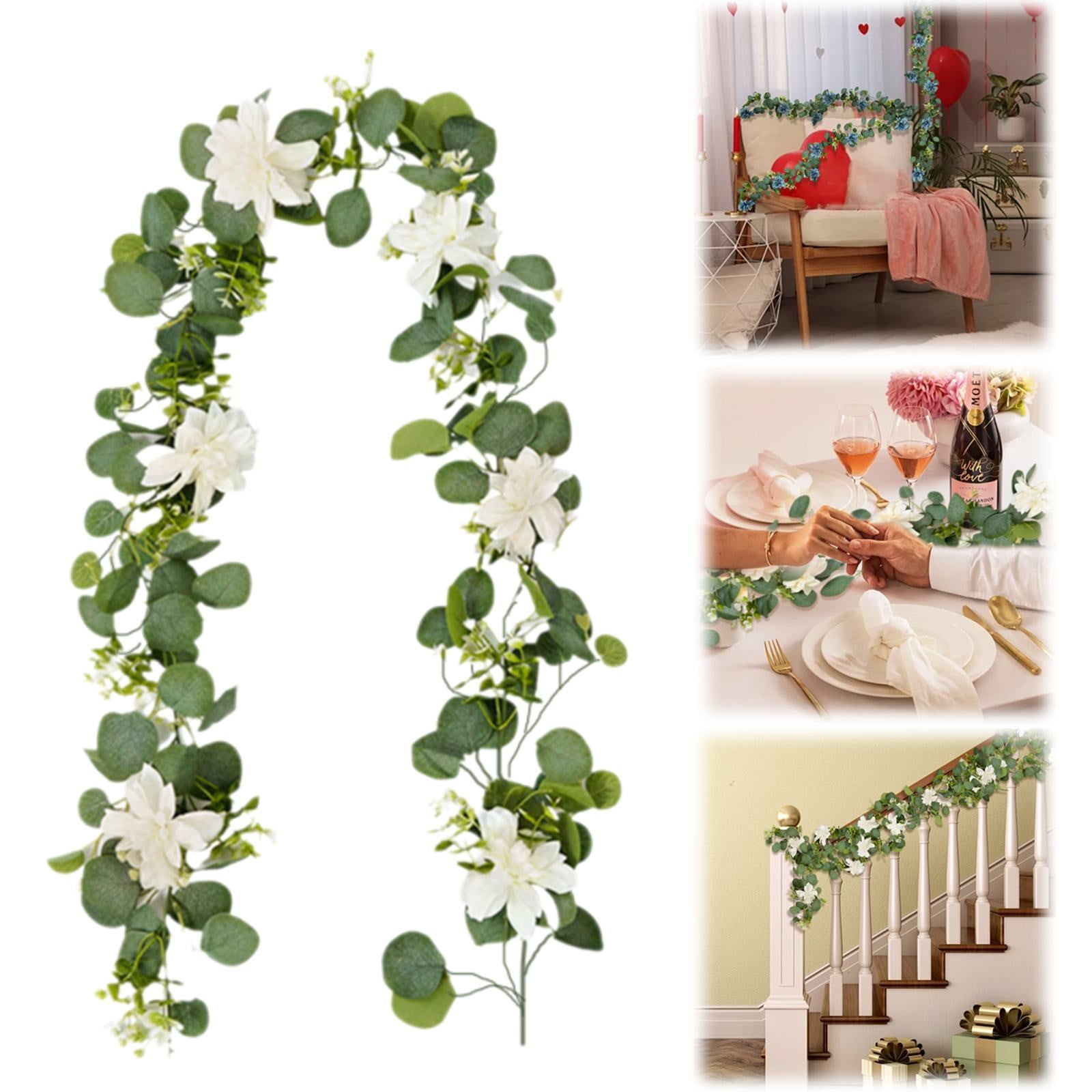MOQIN 6ft Artificial Garland With White Flowers Greenery Garland ...