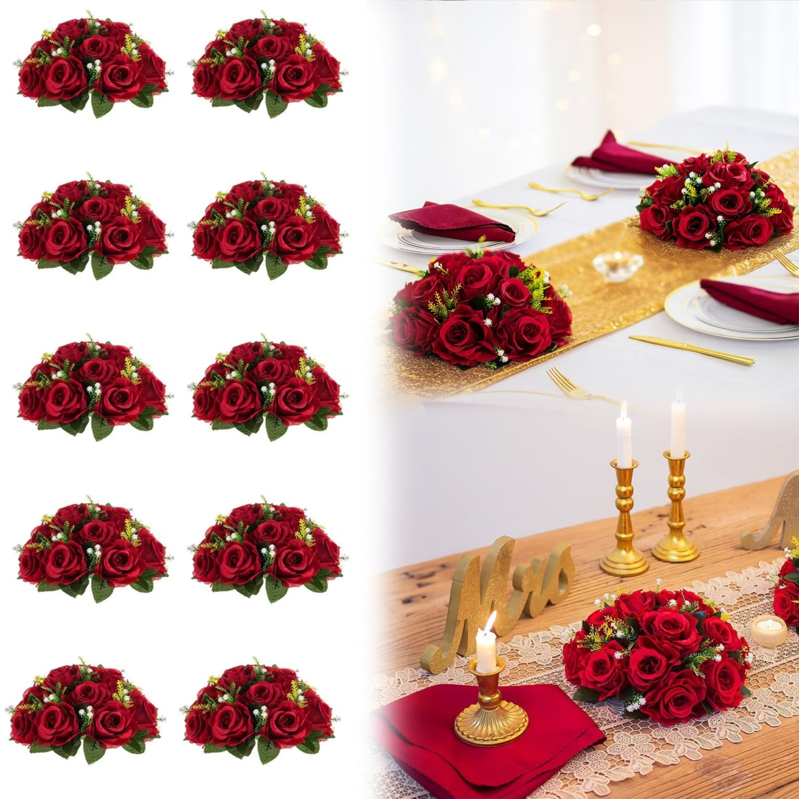 MOQIN Artificial Flower Ball Wedding Centerpieces -10Pack Red Rose Silk ...