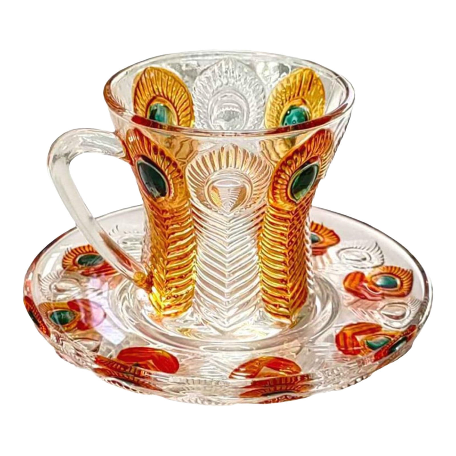 MOQIN Glass Coffee Cup and Saucer Set with Feather Design - Elegant ...