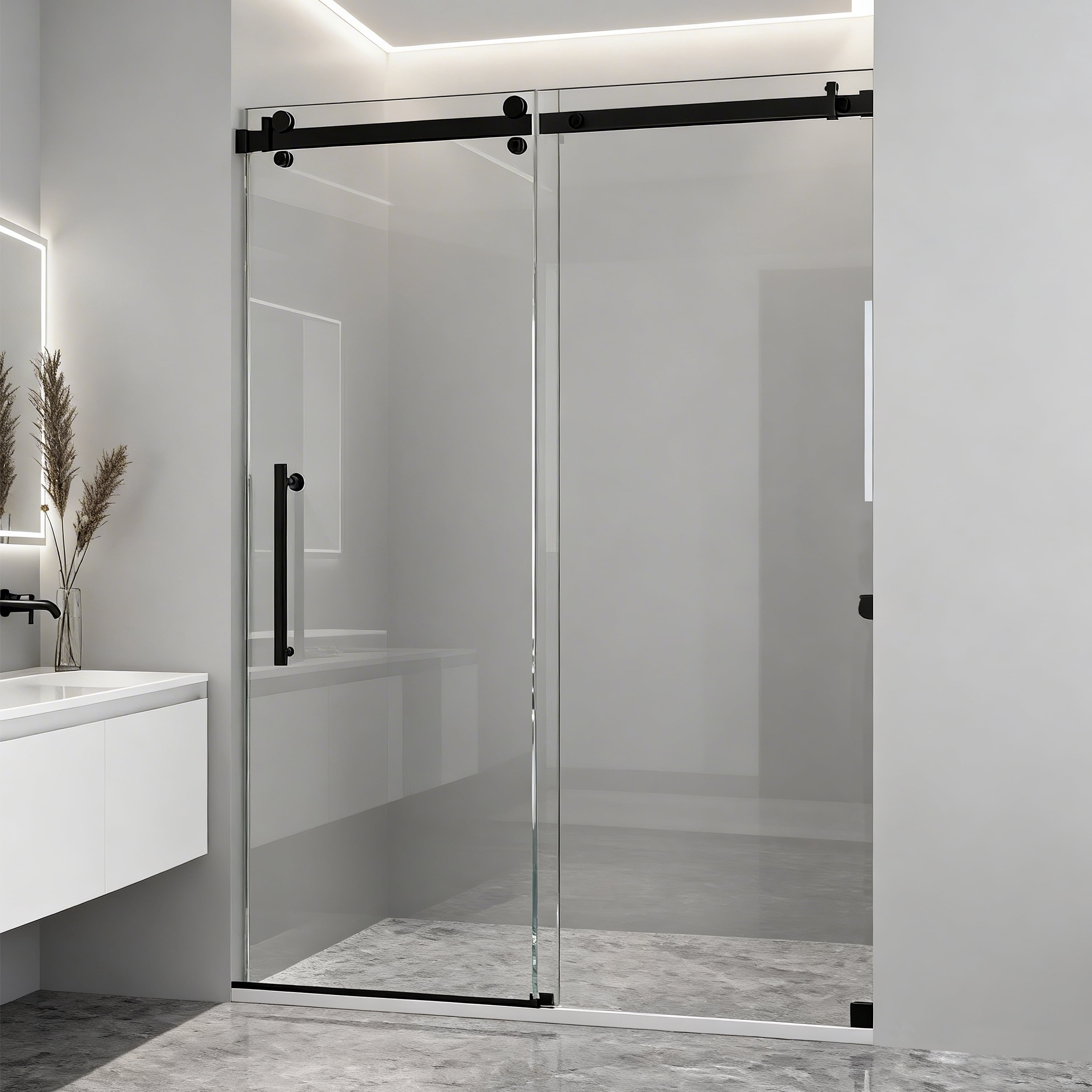 MORDEER 56-60" W x 75" H Frameless Sliding Shower Door, Black Shower ...
