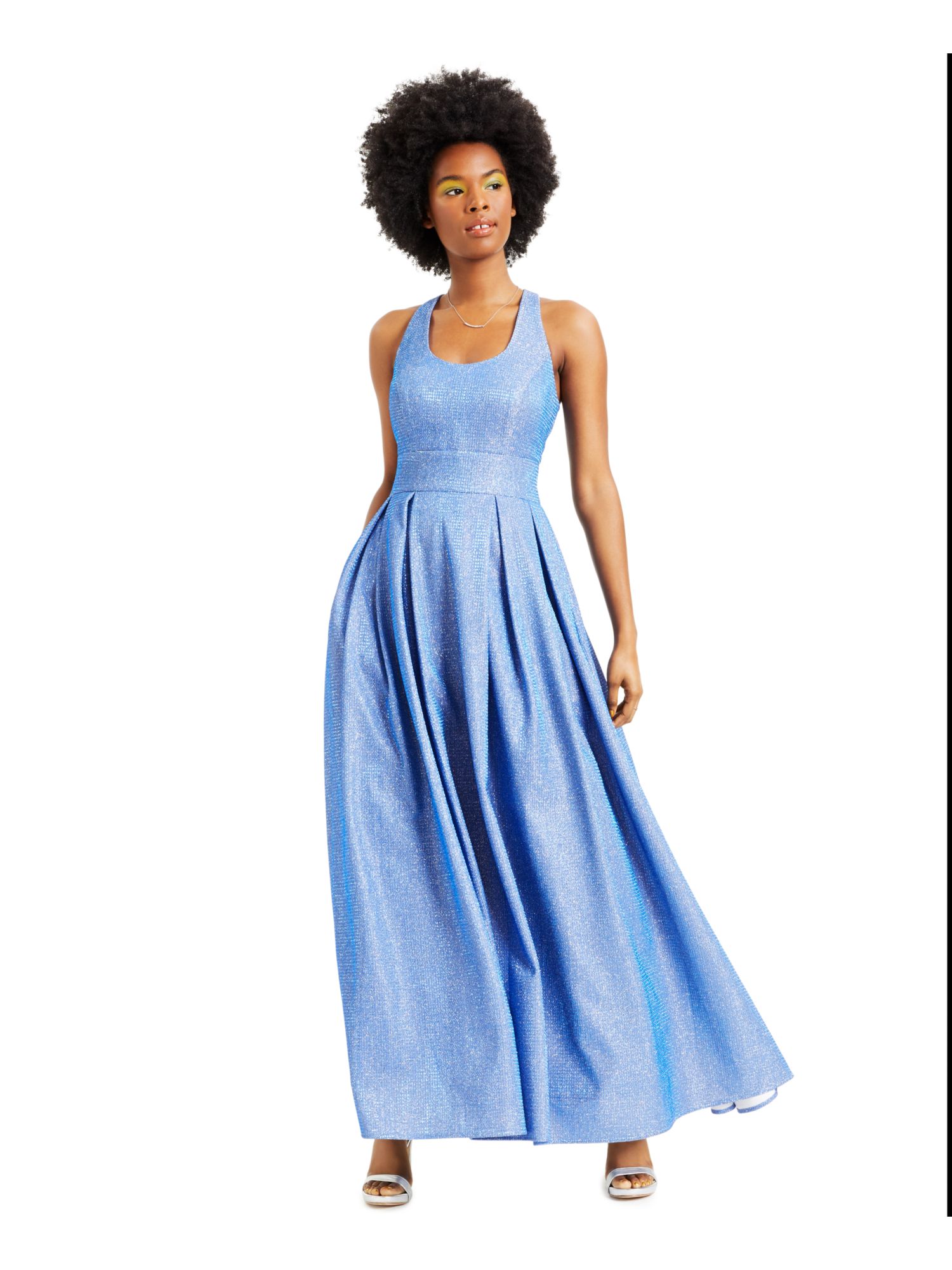 MORGAN & CO Womens Blue Glitter Pleated Gown Sleeveless Scoop Neck Full ...