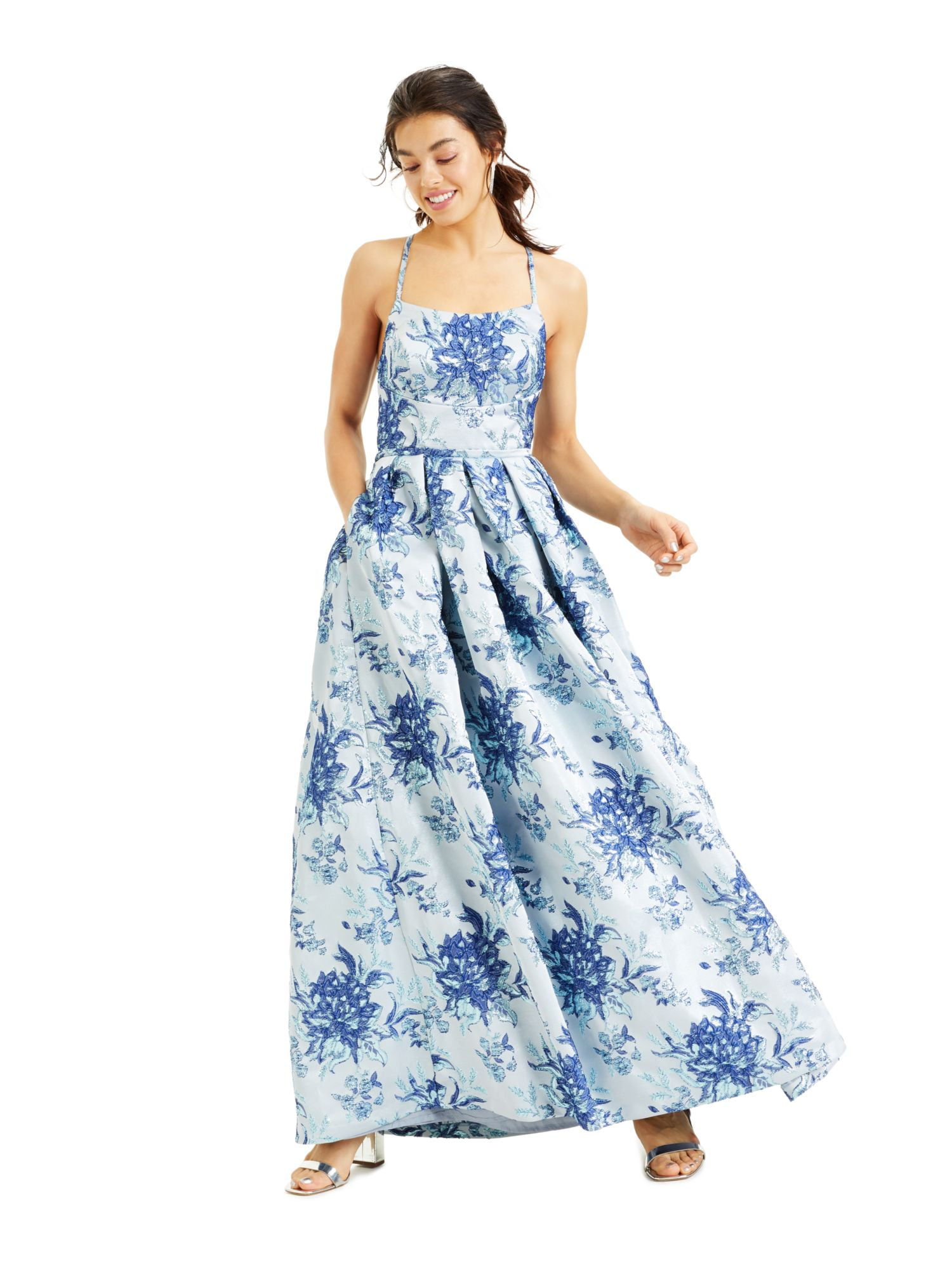 MORGAN & CO Womens Blue Pleated Floral Spaghetti Strap Square Neck Maxi ...