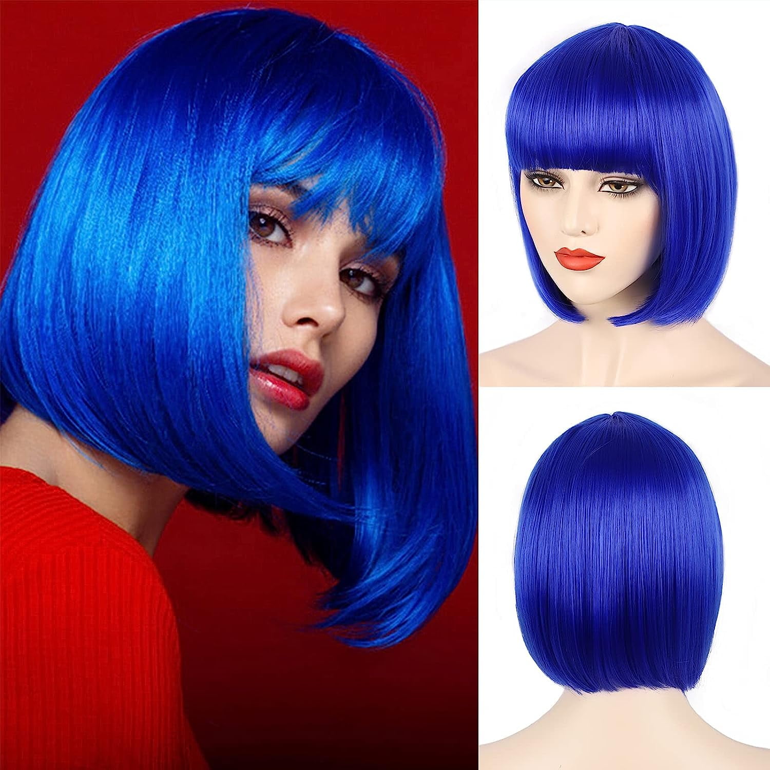 MORICA Blue Bob Wig Short Blue Straight Bob Wigs with Bangs for Women ...