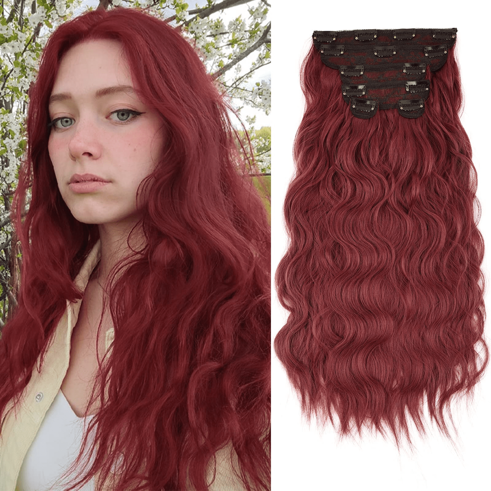 MORICA Clip in Hair Extension 20 Inch Burgundy 6PCS Natural Long Wavy ...