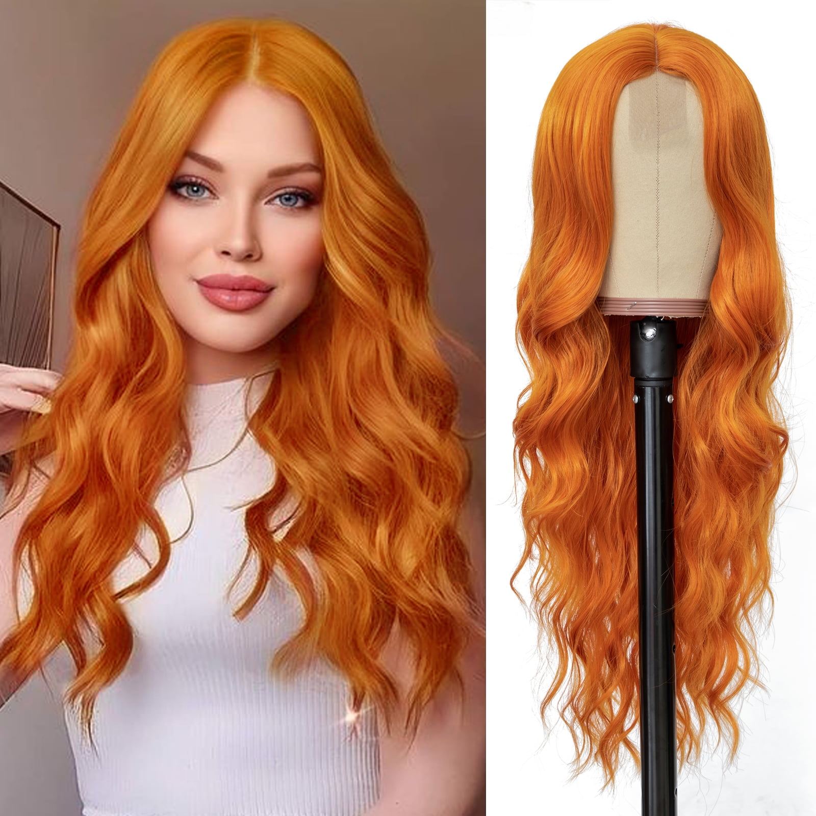 MORICA Cosplay Wig 26 Inch Ginger Orange Long Wavy Wig Natural Looking ...