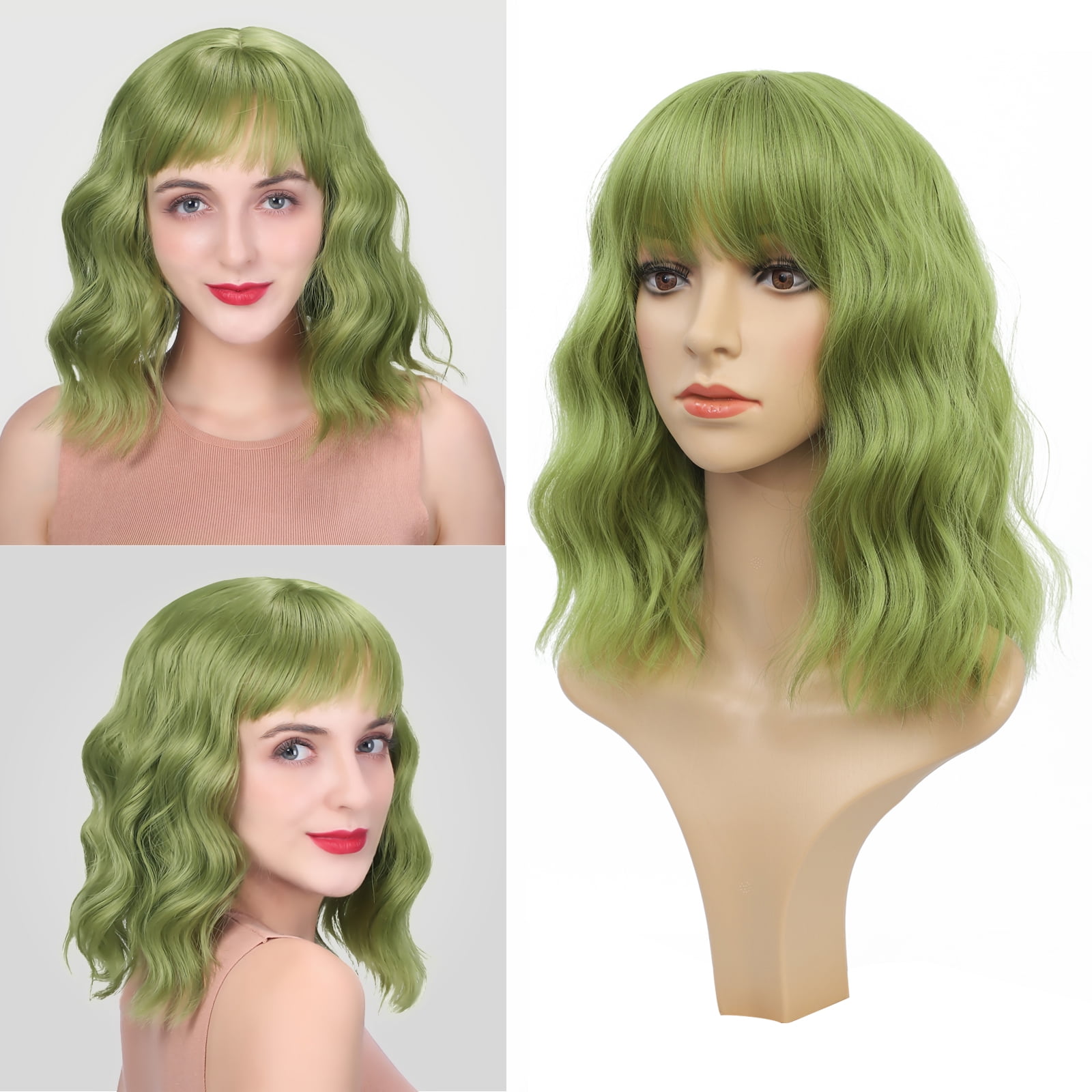 MORICA Curly Bob Wig with Bangs 12 inch Short Wavy Grass Green Wigs for ...