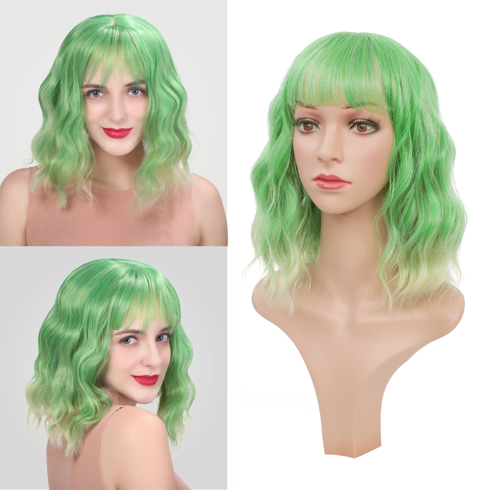MORICA Curly Bob Wig with Bangs 12 inch Short Wavy Ombre Green Wigs for ...