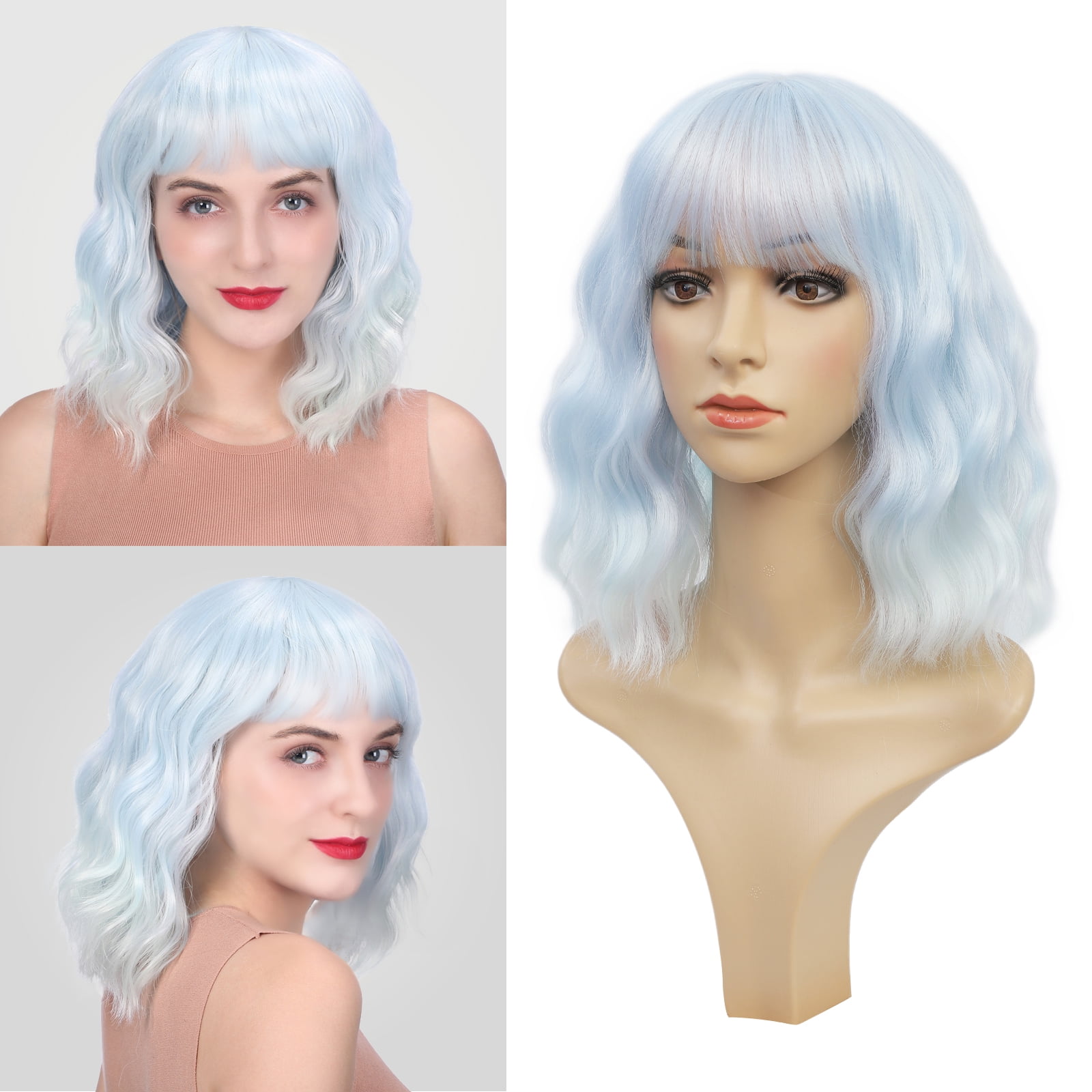 MORICA Curly Bob Wig with Bangs 12 inch Short Wavy Ombre Light Blue ...