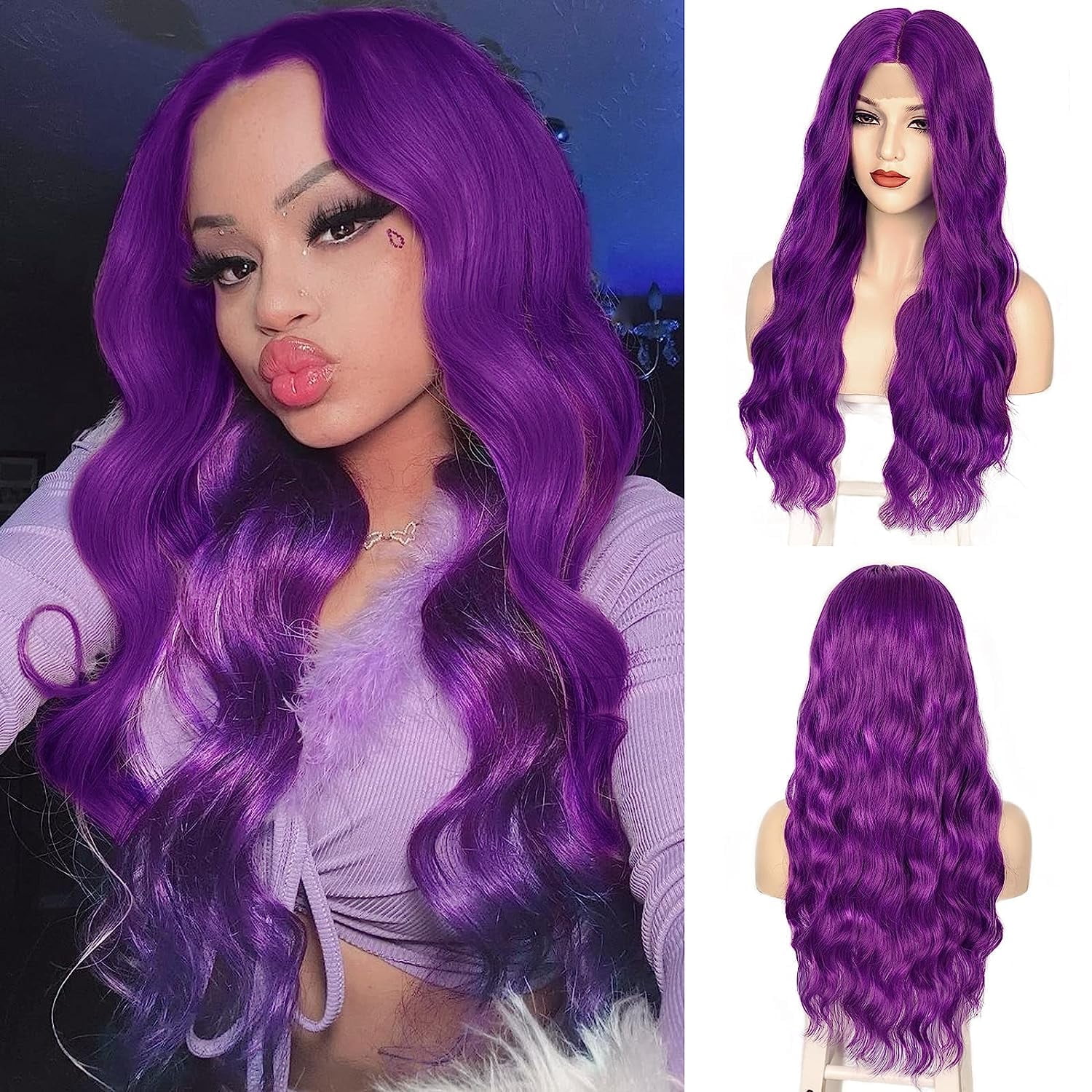 Morica Dark Purple Wig Long Wavy Wigs For Women Middle Part Cosplay Wig Long Curly Synthetic