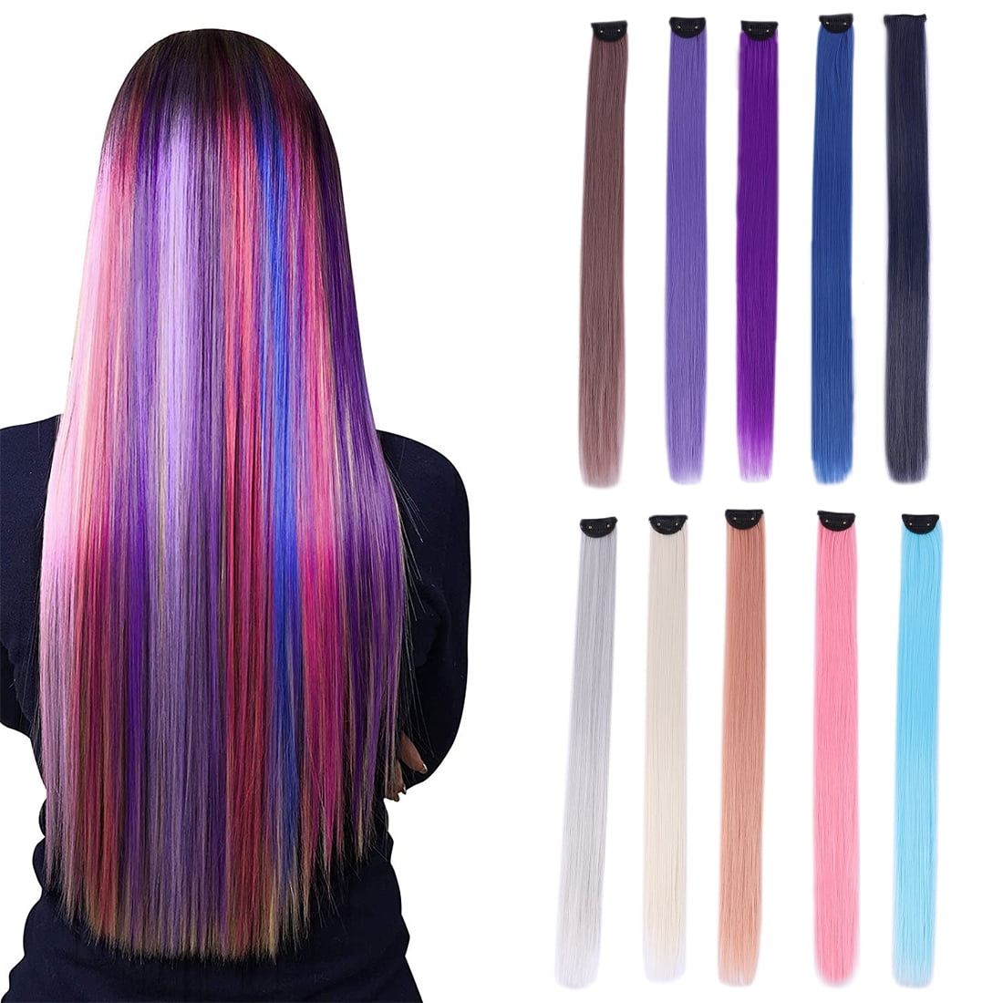 MORICA Halloween Colored Hair Extension, 10 PCS Aurora Purple Clip in ...