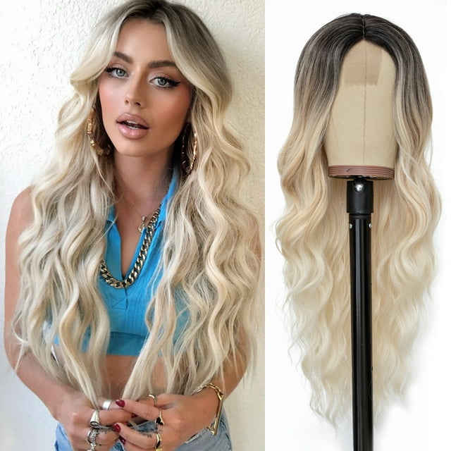 MORICA Long Wavy Wig 26 Inch Platinum Blonde Wigs for Women Natural ...
