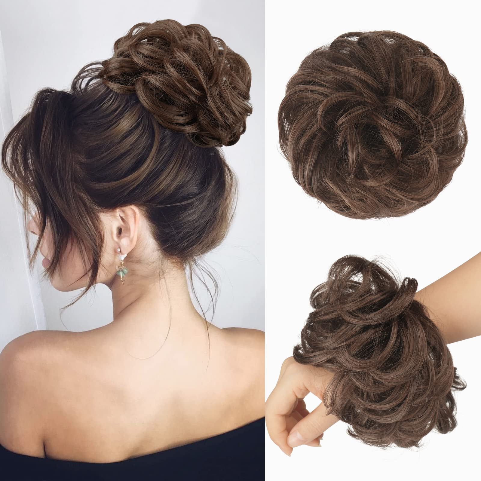 MORICA Messy Bun Hair Piece Wavy Curly Large Brown & Light Auburn Mixed ...