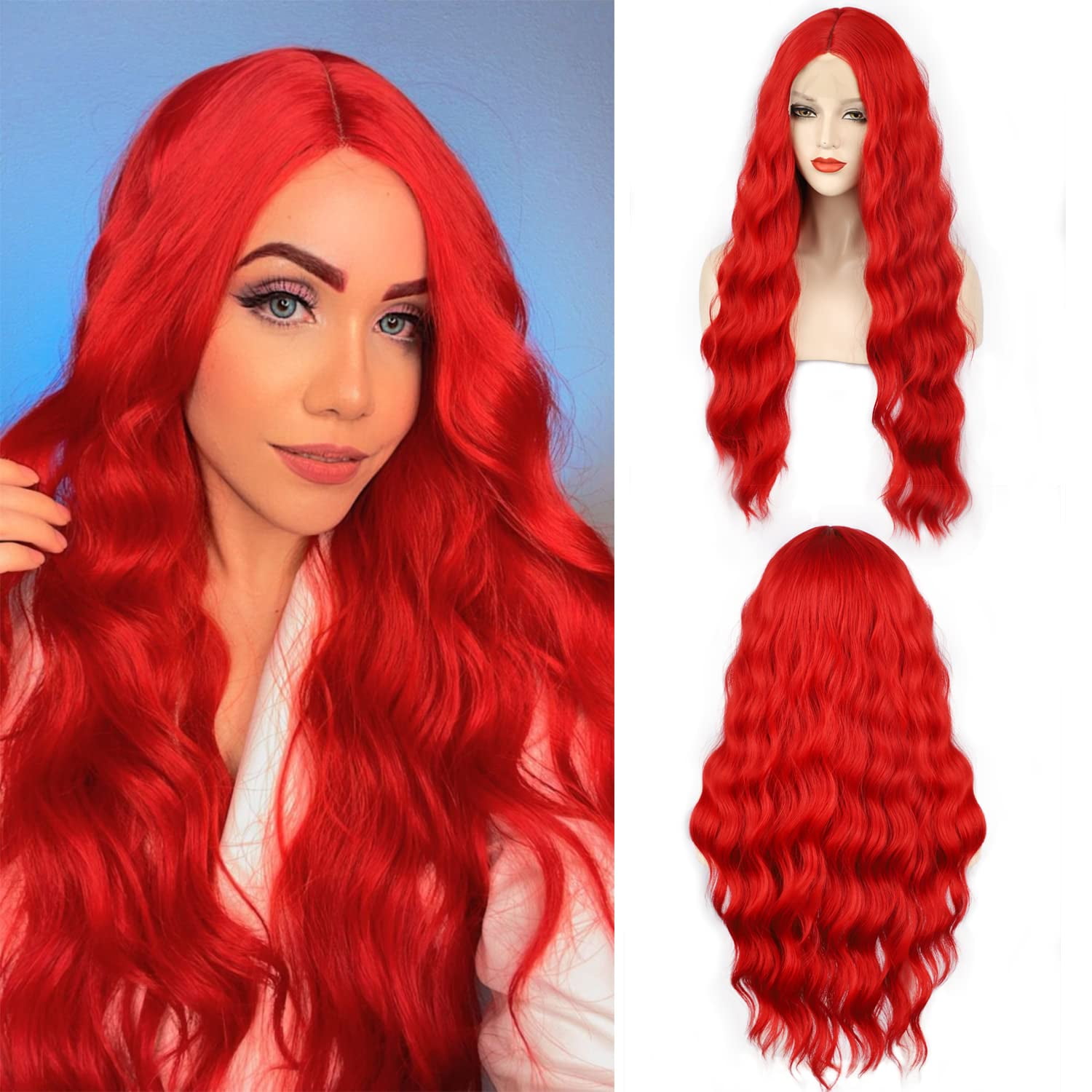 MORICA Red Wigs for Women Long Wavy Synthetic Red Wig Cosplay Red Wigs ...