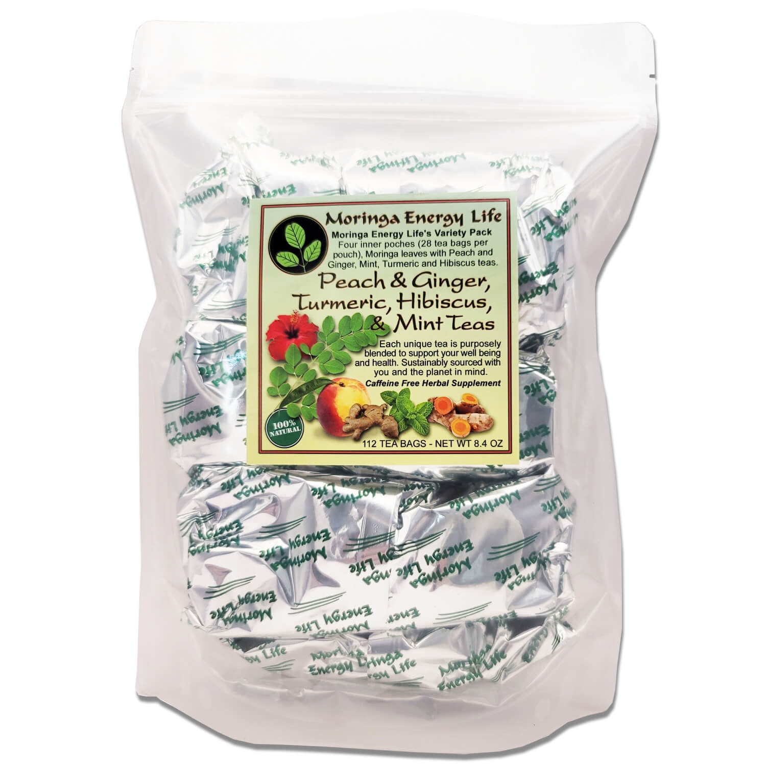 MORINGA TEA BUNDLE - 4 Tea Flavors - Peach Ginger, Turmeric, Hibiscus ...