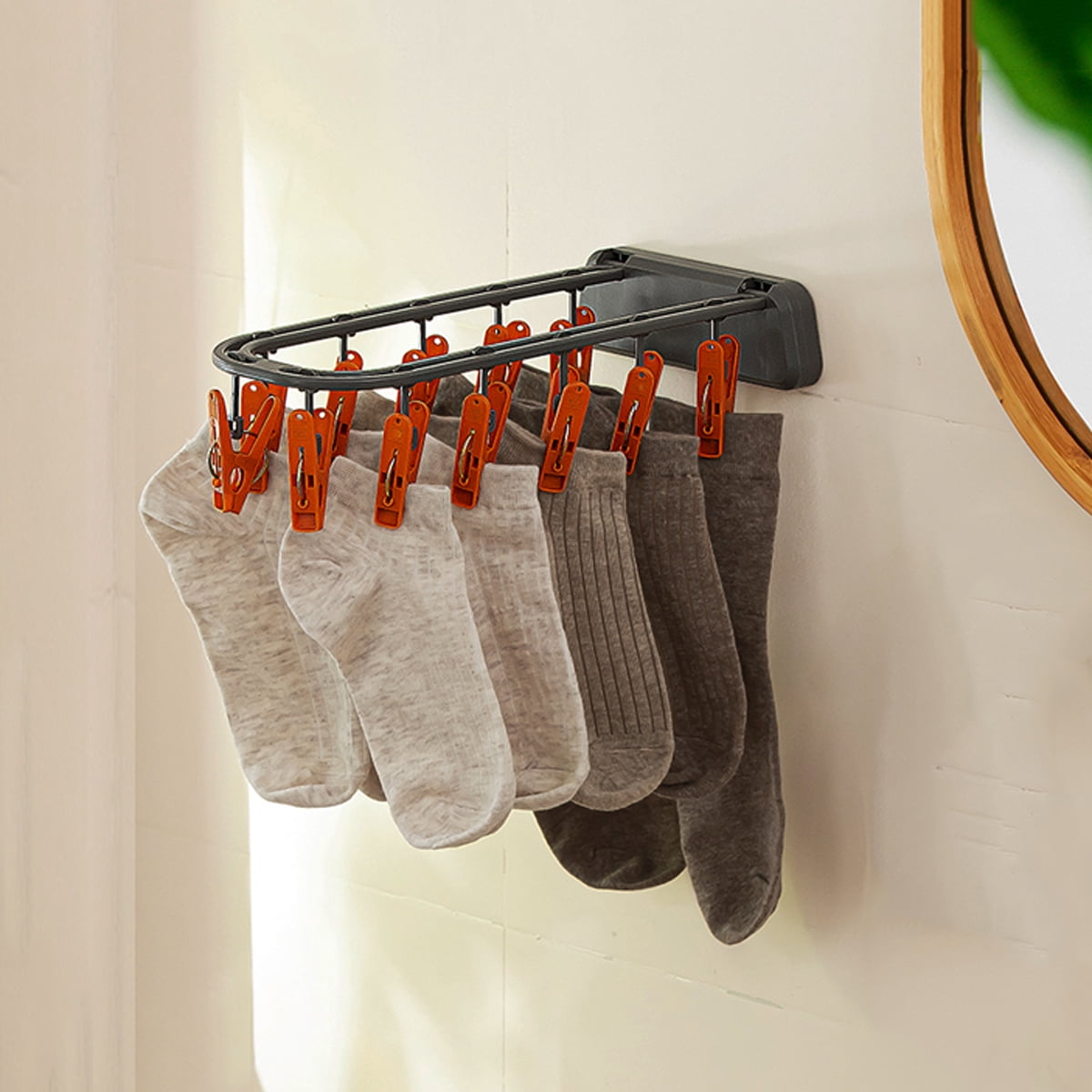 MORNITE Adhesive Wall Mounted Sock Hanger Laundry Drying Rack with 12 ...