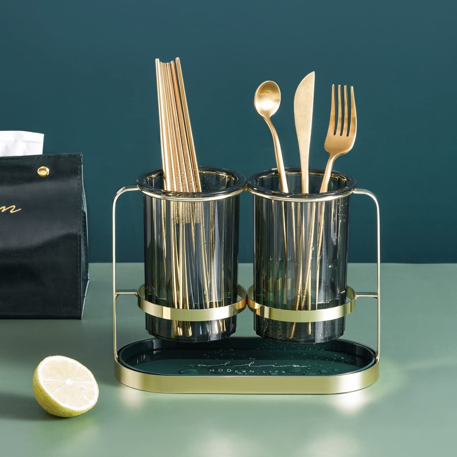 MORNITE Flatware Organizer, Metal Utensil Caddy, Green and Gold Holder ...