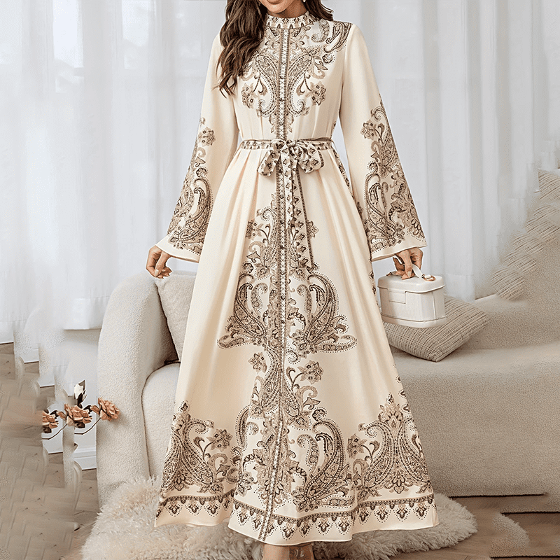 MORTTIC Middle Eastern-Inspired High Neck Floral Maxi Dress – Long ...