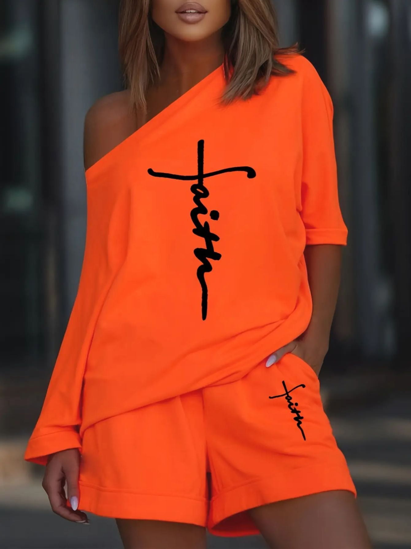 MORTTIC Women's 2-Piece Faith Print Set, Off Shoulder T-Shirt and ...