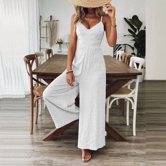 MORTTIC Women's V-Neck Sleeveless Wide Leg Jumpsuit with Adjustable ...
