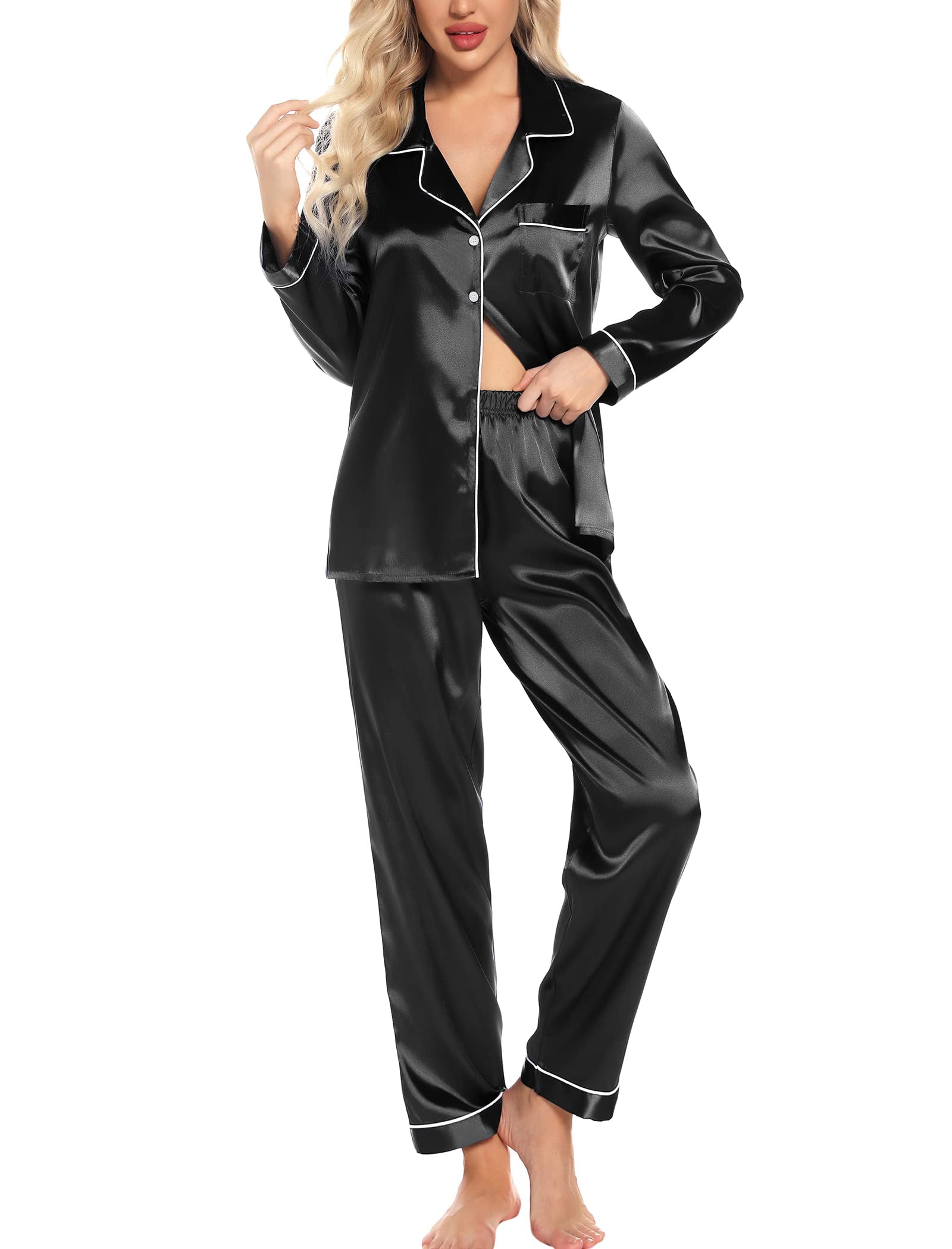 MOSEYEYOO Womens Satin Pajamas Set Button Down Silk 2 Piece Pj Sets ...