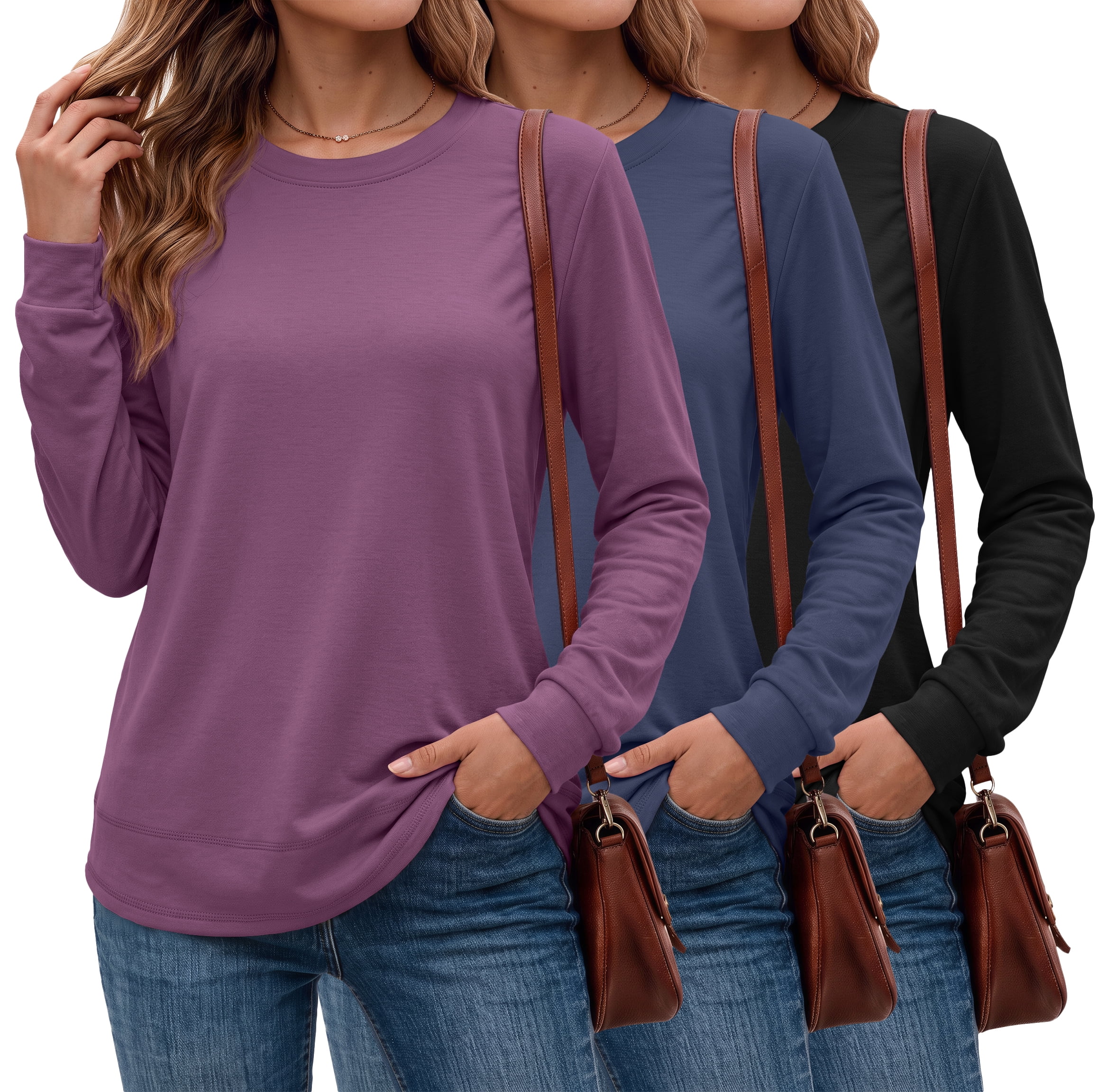 MOSHU 3 Pack Pullover Sweatshirts for Women Crew Neck Long Sleeve ...