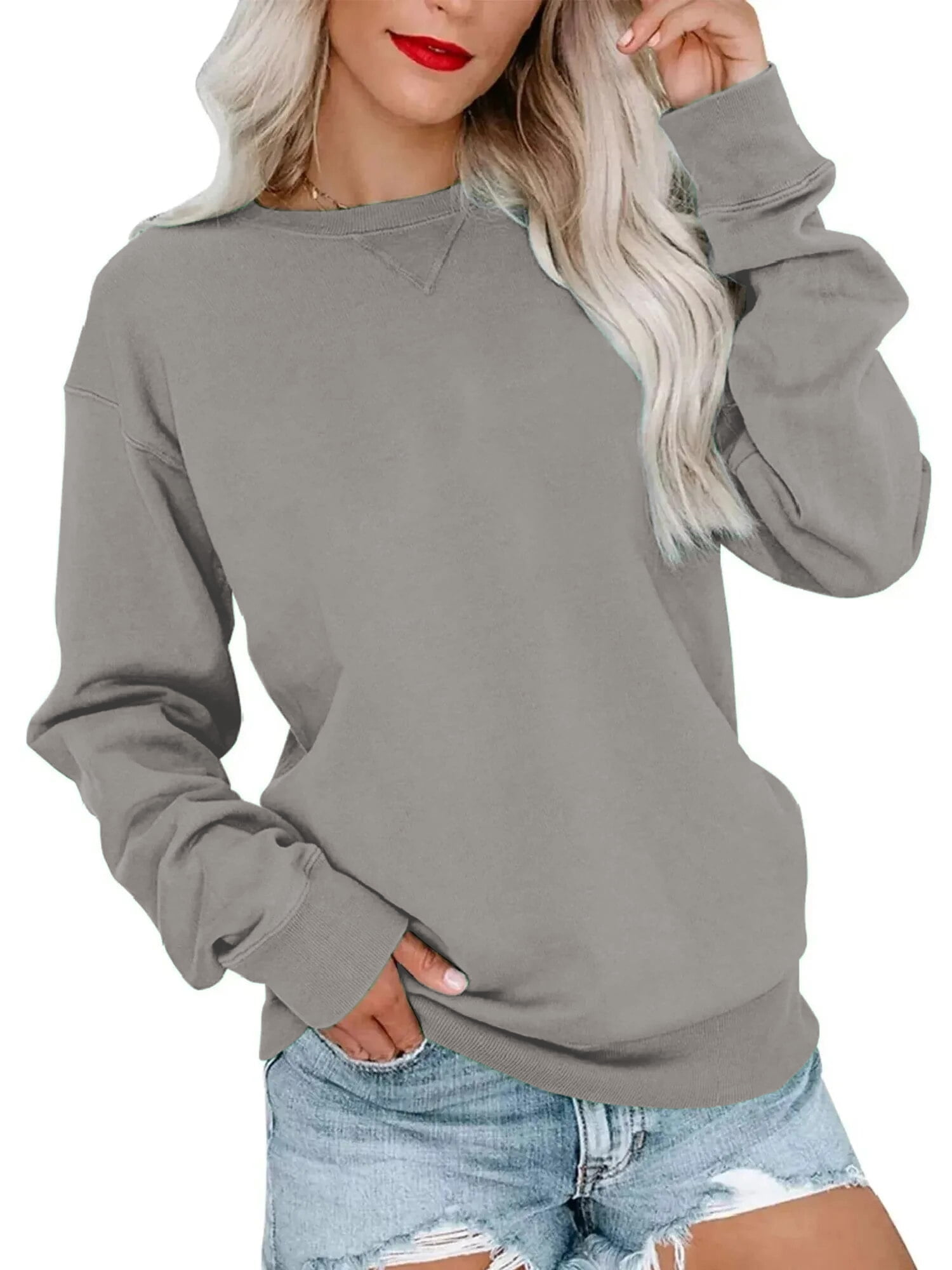 MOSHU Womens Casual Sweatshirt, Long Sleeve Crewneck Top, Oversized ...