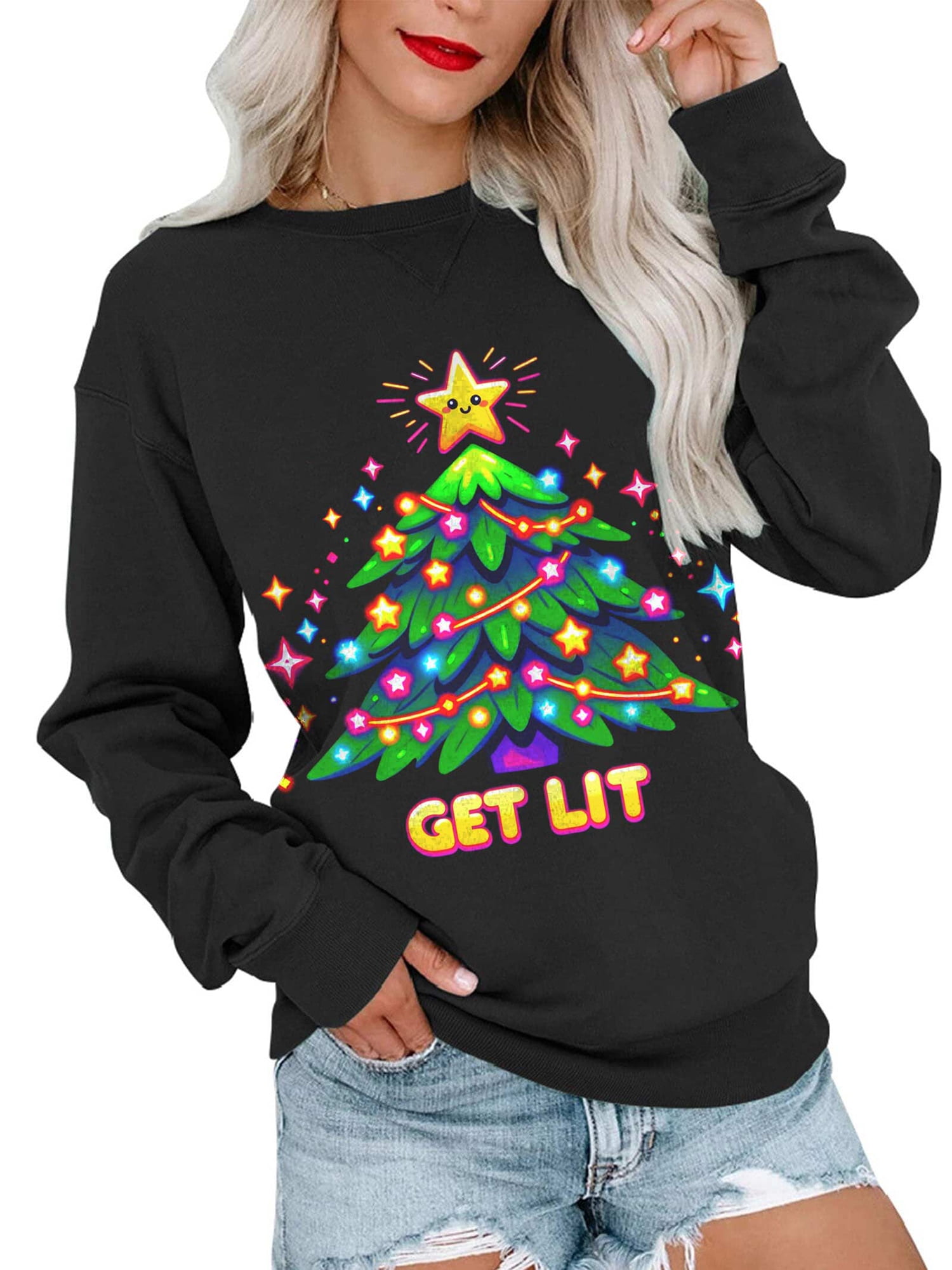 MOSHU Christmas Sweatshirt for Women Crewneck Long Sleeve Tops Casual ...